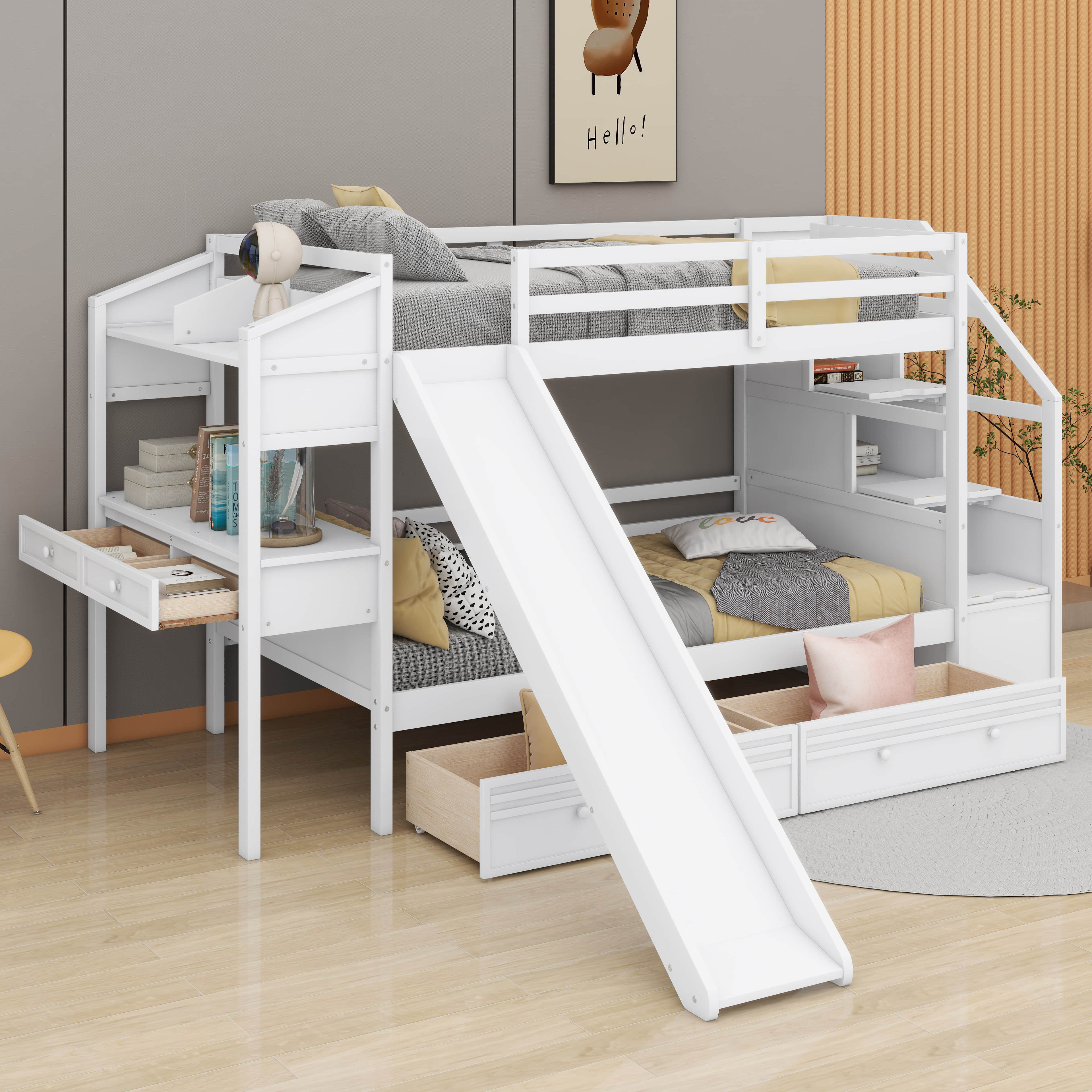 Harriet Bee Twin Over Twin Bunk Bed With Storage Staircase, Slide And ...