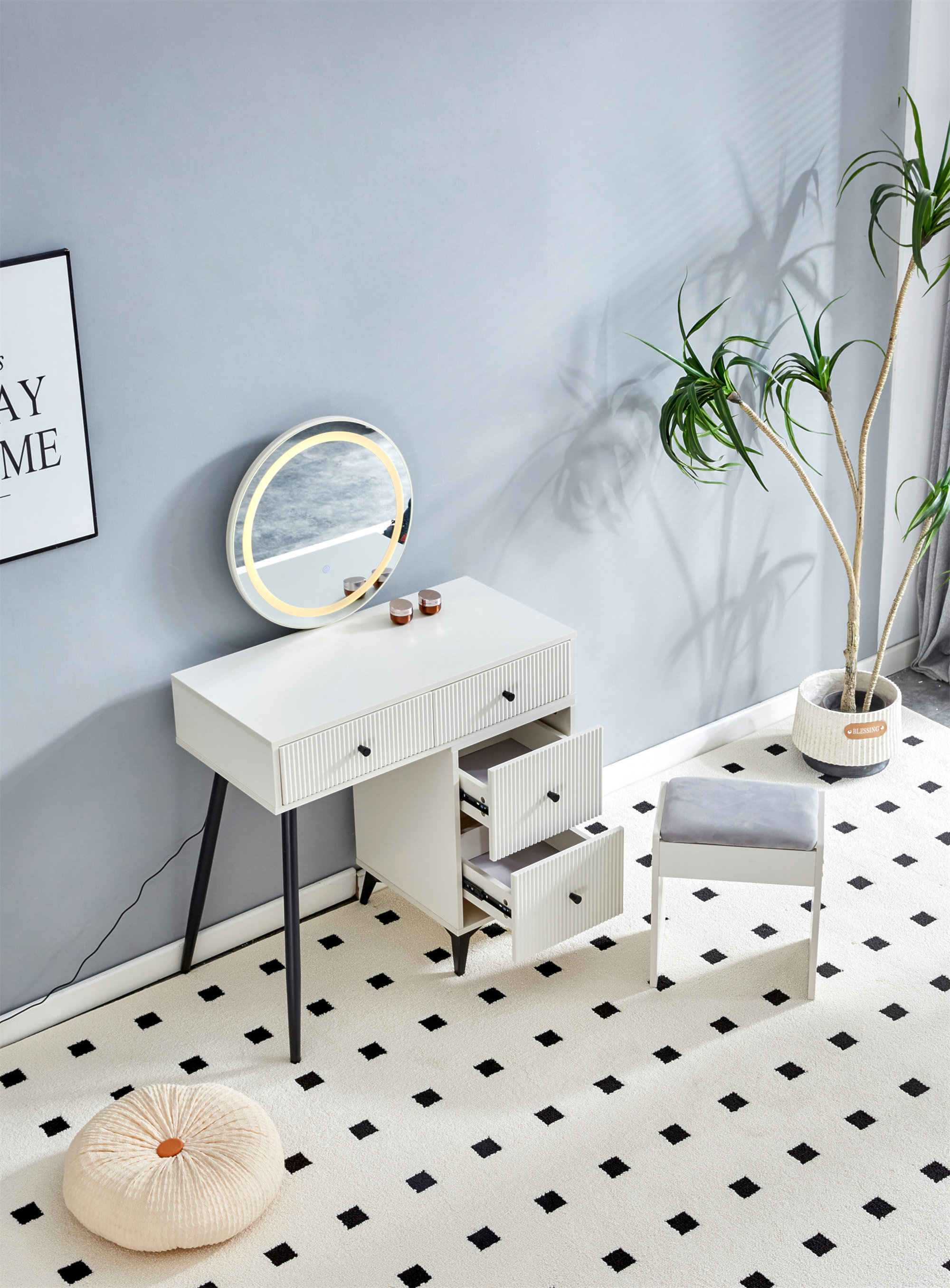 HLILish Fluted Makeup Vanity Desk With Round LED Mirror And Lights ...