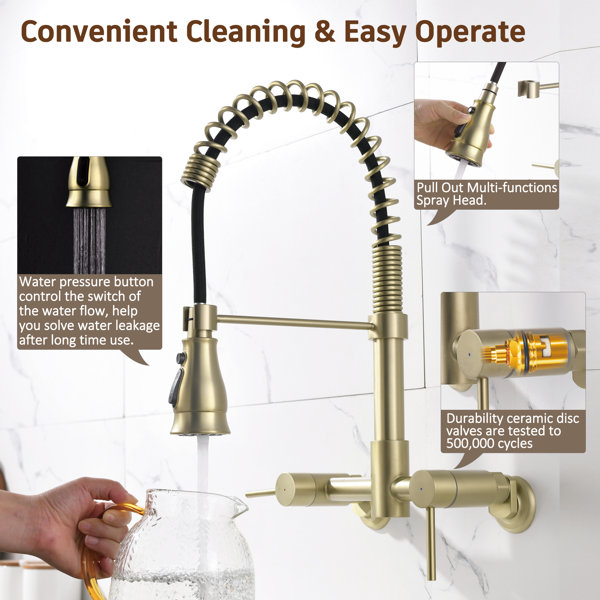 Felixbath Wall Mounted Pull Down Bridge Kitchen Faucet With Double ...