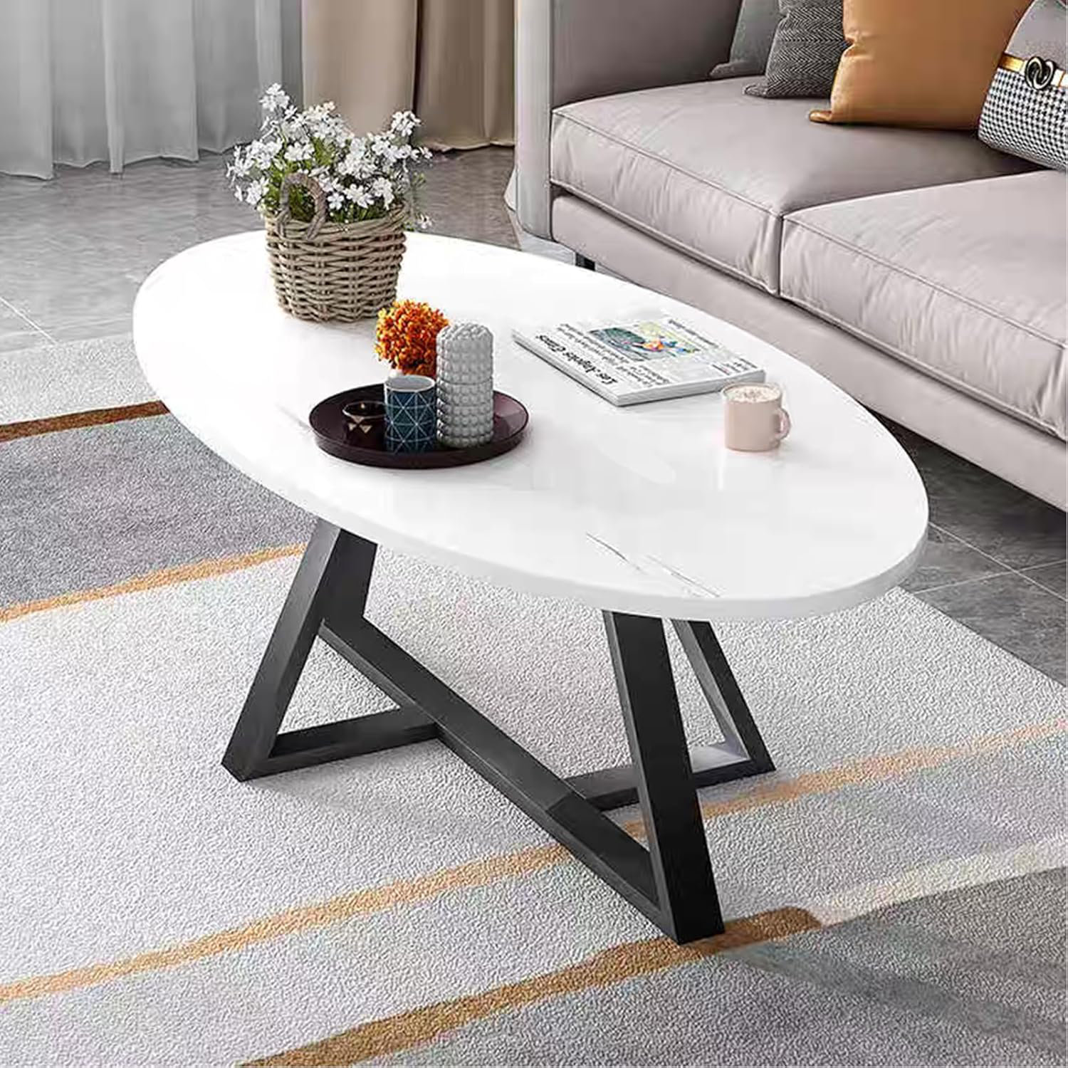 George Oliver Coffee Table Small Oval Table,White Faux Marble Table For ...