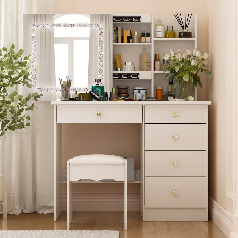 Wrought Studio™ Makeup Vanity Set With Sliding Mirror And Lights ...
