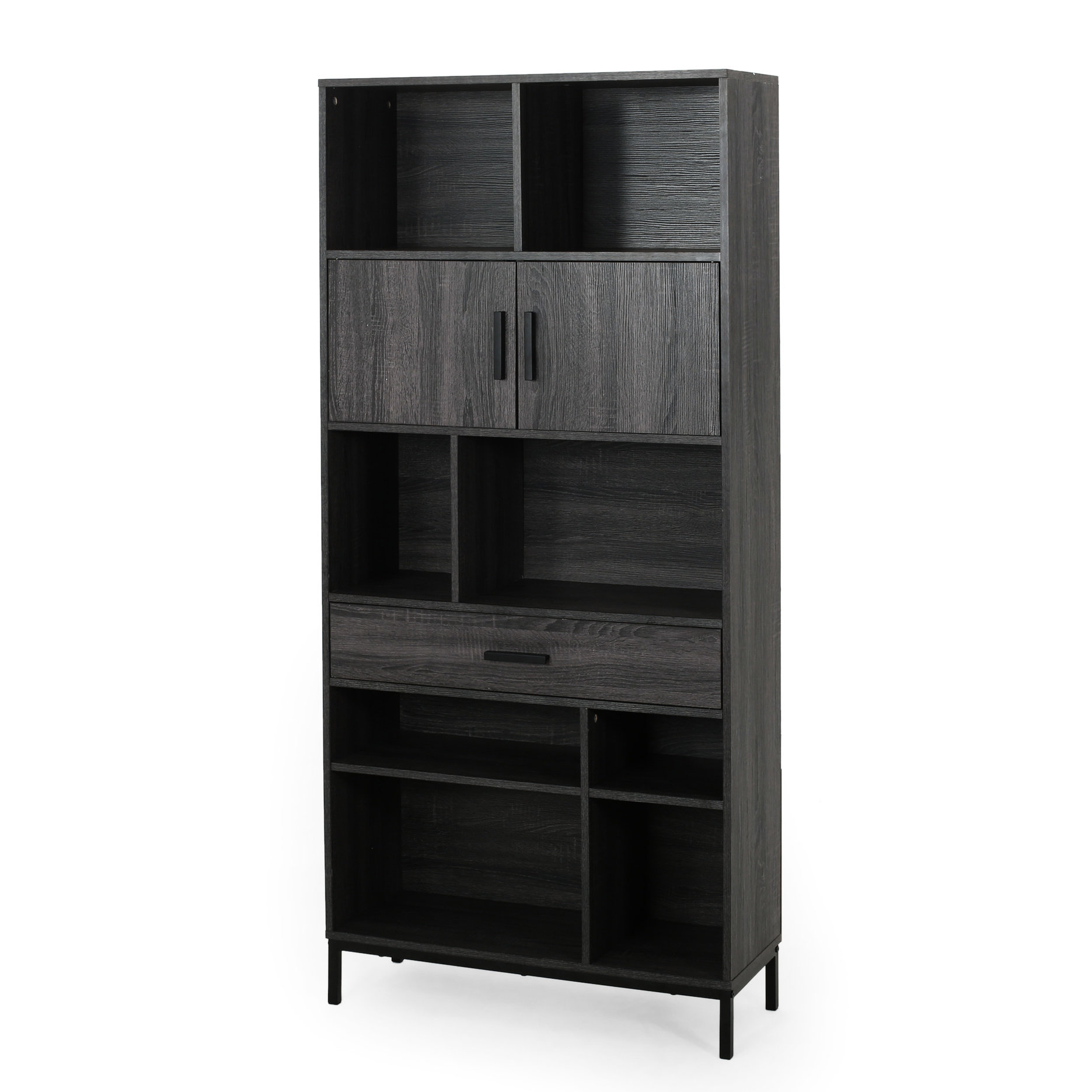 Banior Contemporary Cube Unit Bookcase In Grey Oak Theme - Faux Wood, Iron Legs, Comes With ...