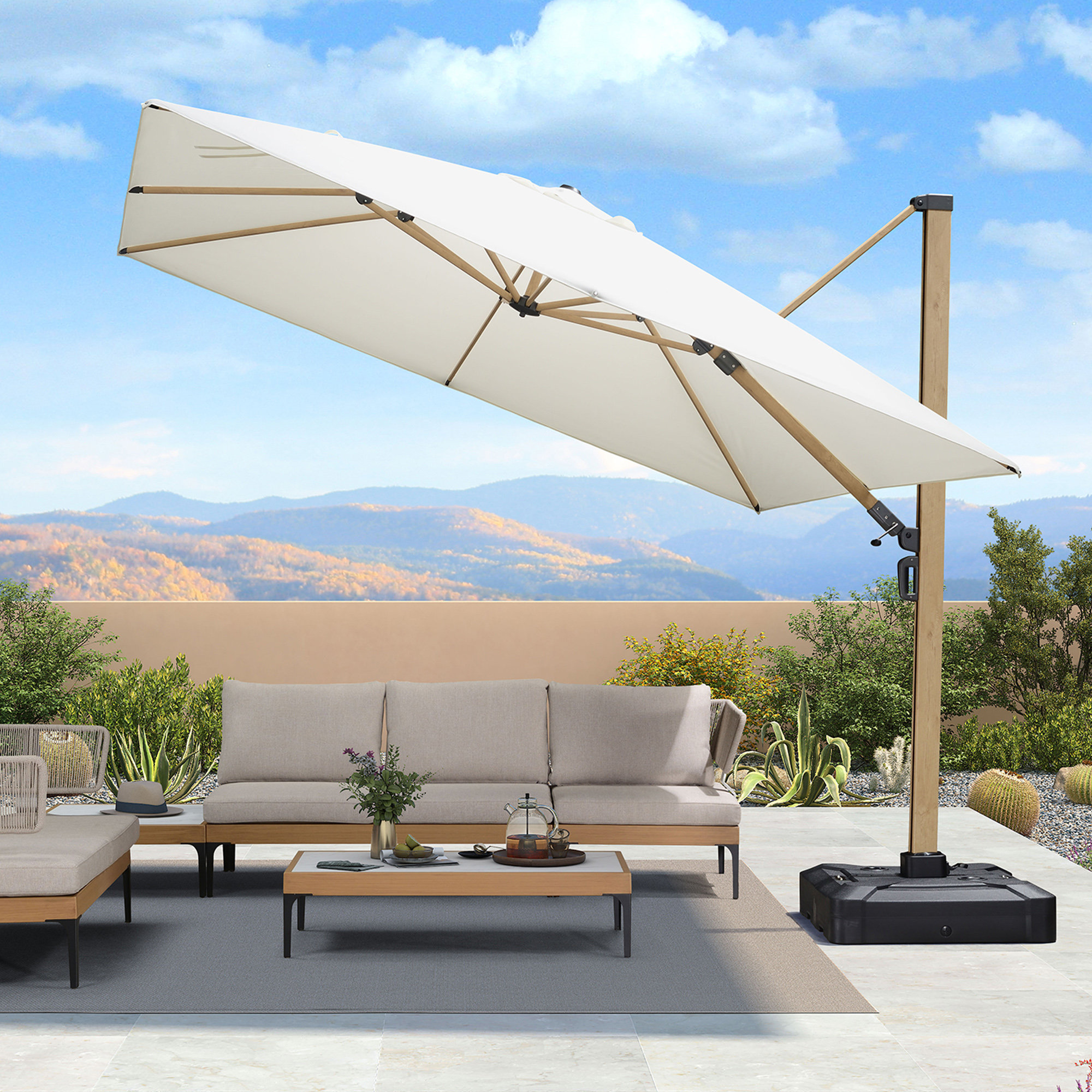 Arlmont & Co. 120" Square Wood Grain Cantilever Patio Umbrella Aluminum ...