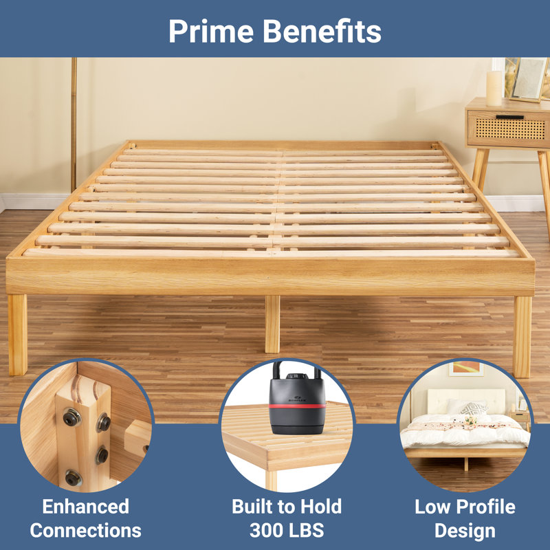 Ebern Designs 14 inch Solid Wood Platform Bed, No Squeak Bed Frame, No ...