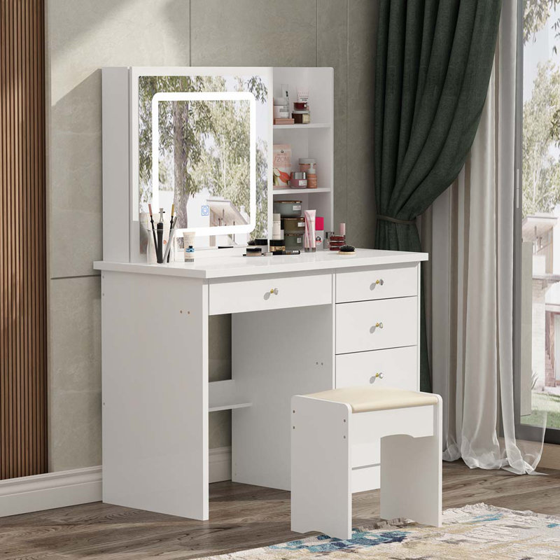 Wade Logan 39.4'' Wide Makeup Vanity Set with Stool and Mirror ...