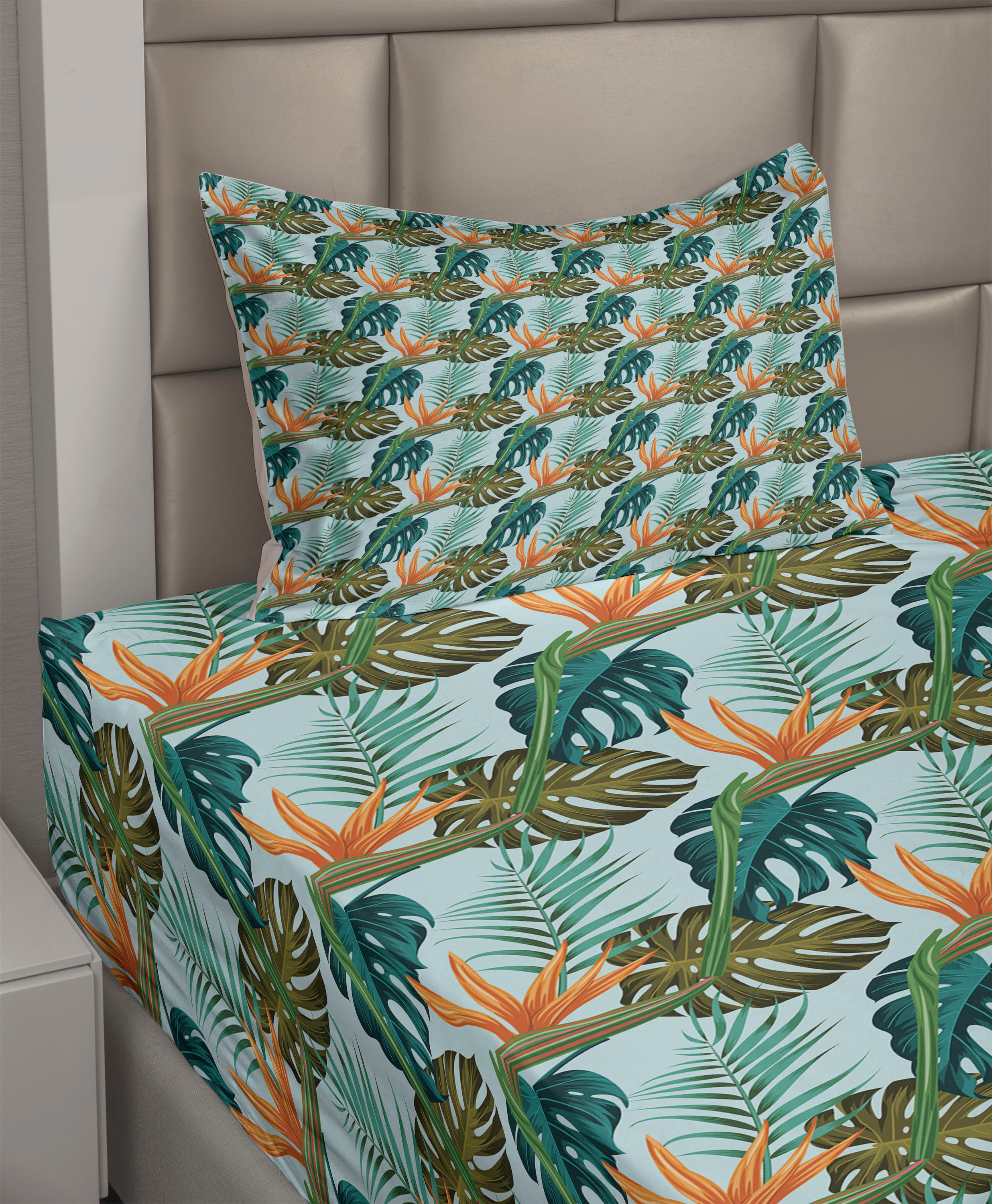 Ambesonne Tropical Sheet Set Palm Monsteras Strelitzia Marigold and Sea ...