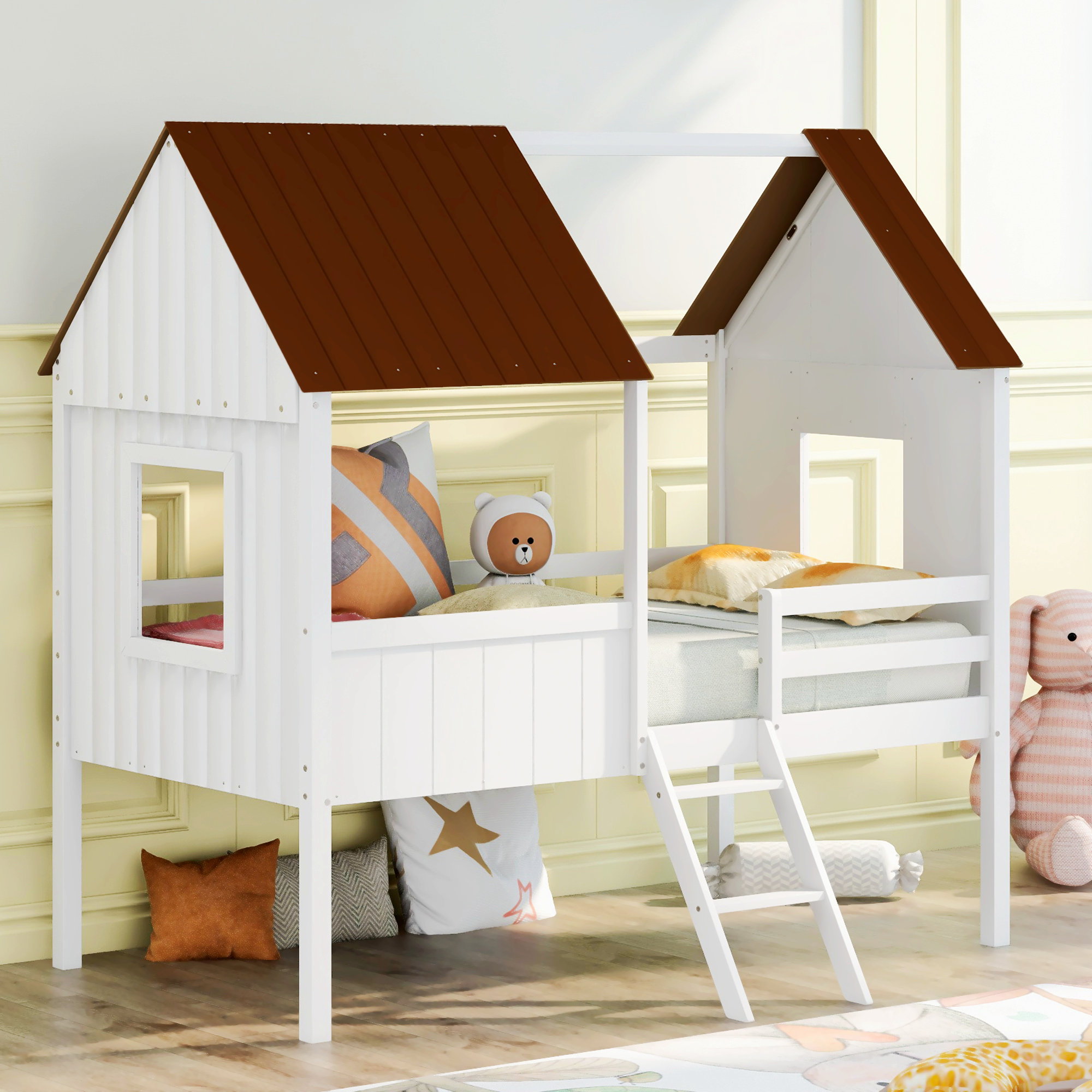 Harper Orchard Twin Size Low Loft Wood House Bed With Two Side Windows ...