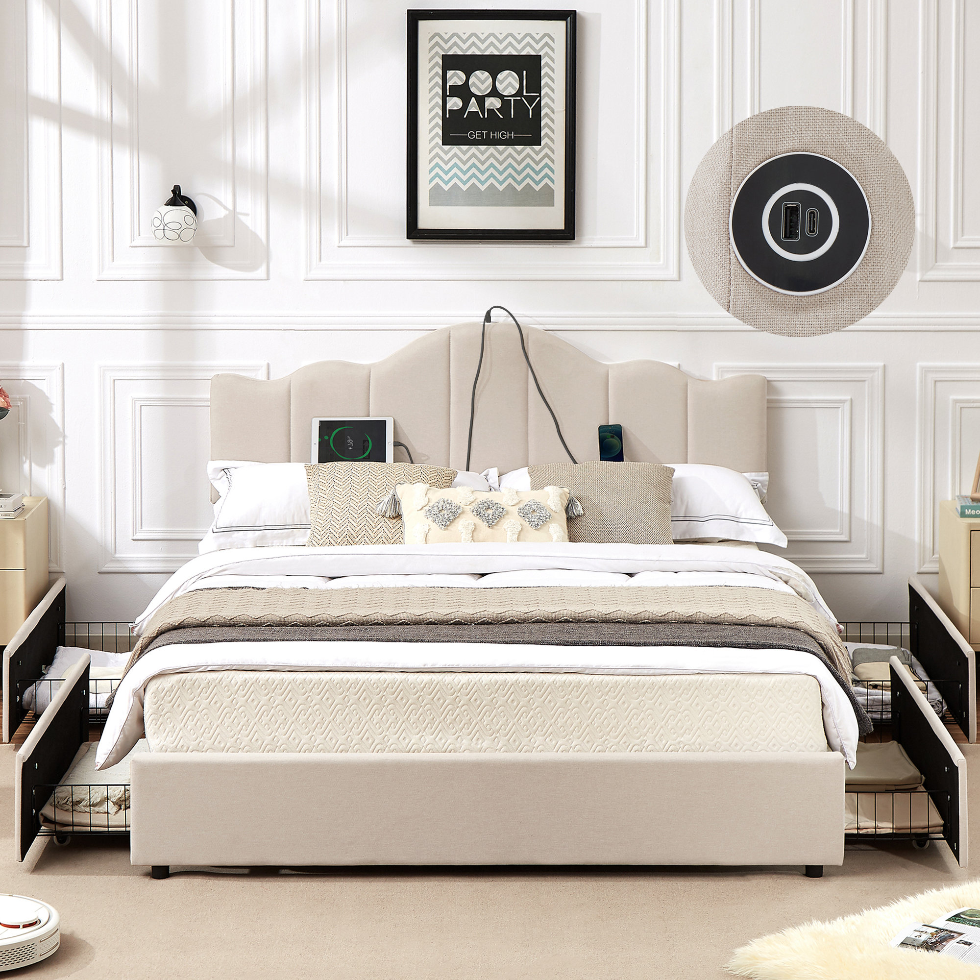 Lark Manor™ Amariss Upholstered Metal Platform Storage Bed and Built-In ...