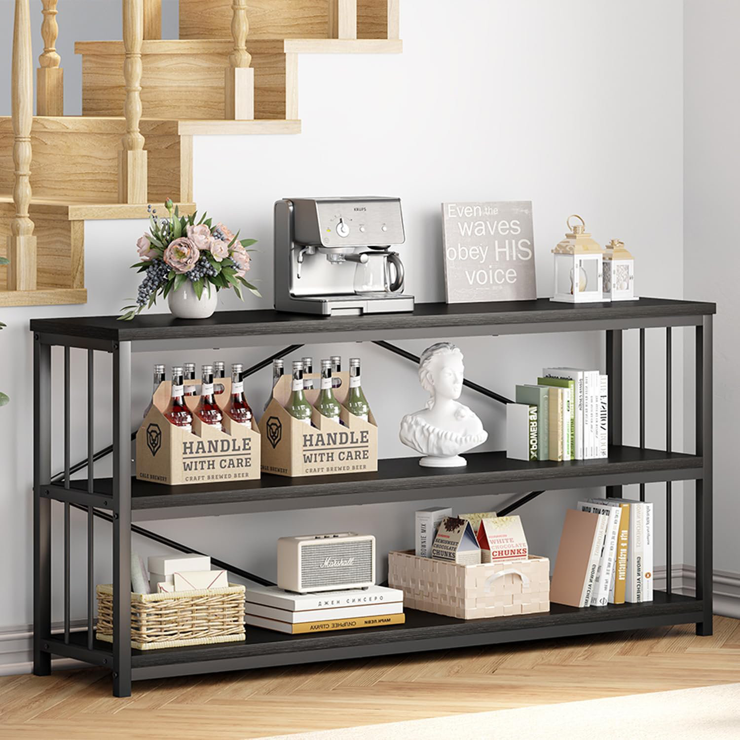Latitude Run® 63" Black Low Horizontal Bookcase, Modern Long Wood Metal ...