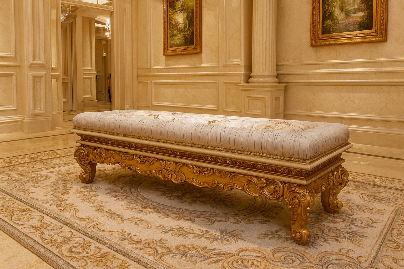 Rosdorf Park Luxurious Hand-carved Gold Leaf Ottoman With Plush ...