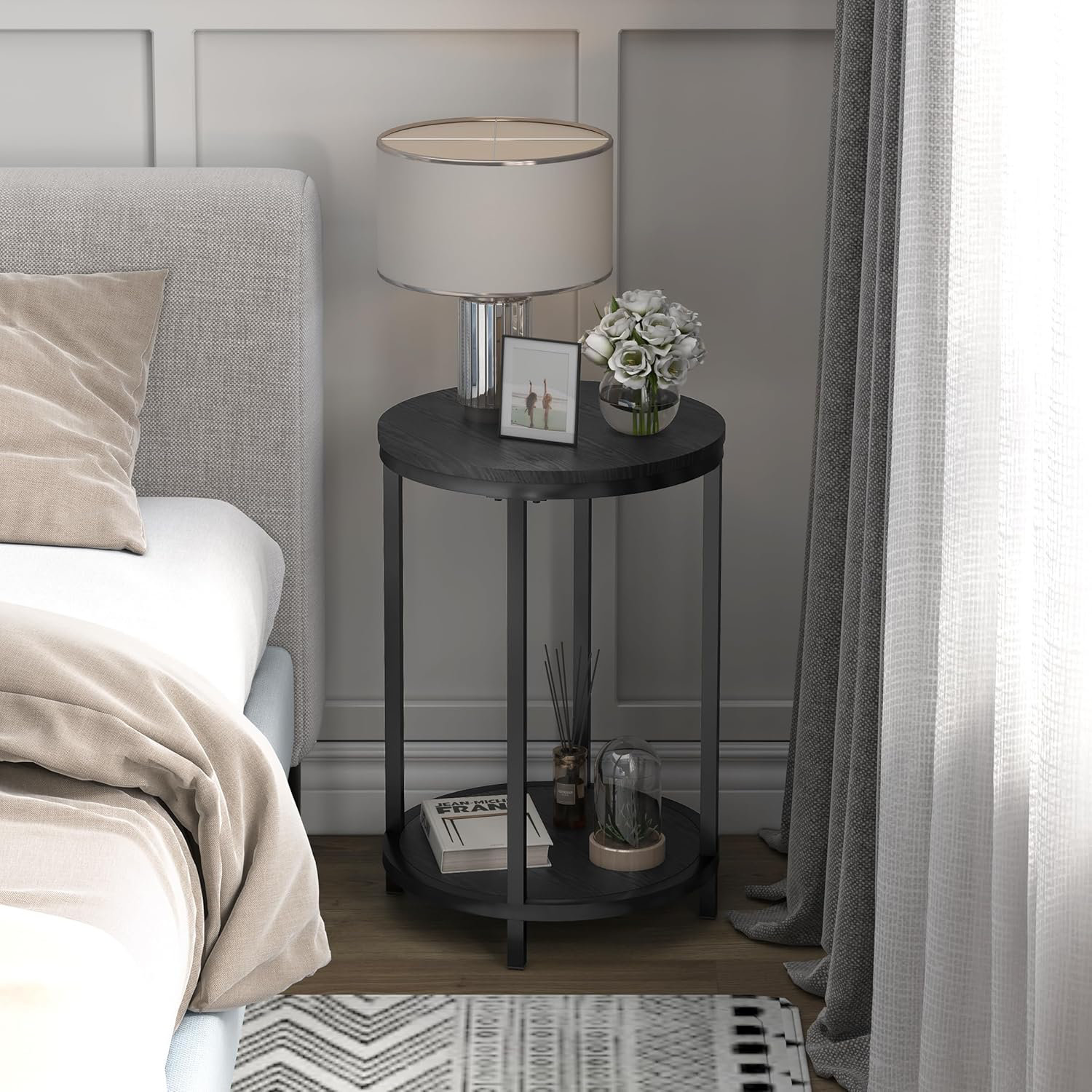 One Allium Way Rustic Farmhouse Round End Table With Metal Legs, Open ...