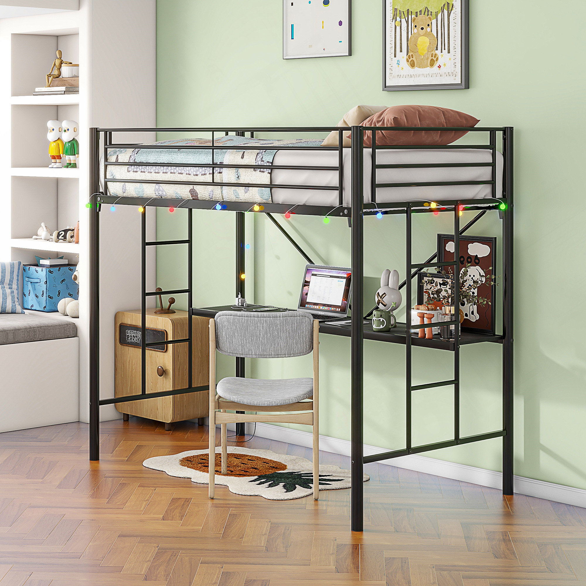 17 Stories Twin Metal Loft Bed With Desk, Power Outlet And LED Lighted ...