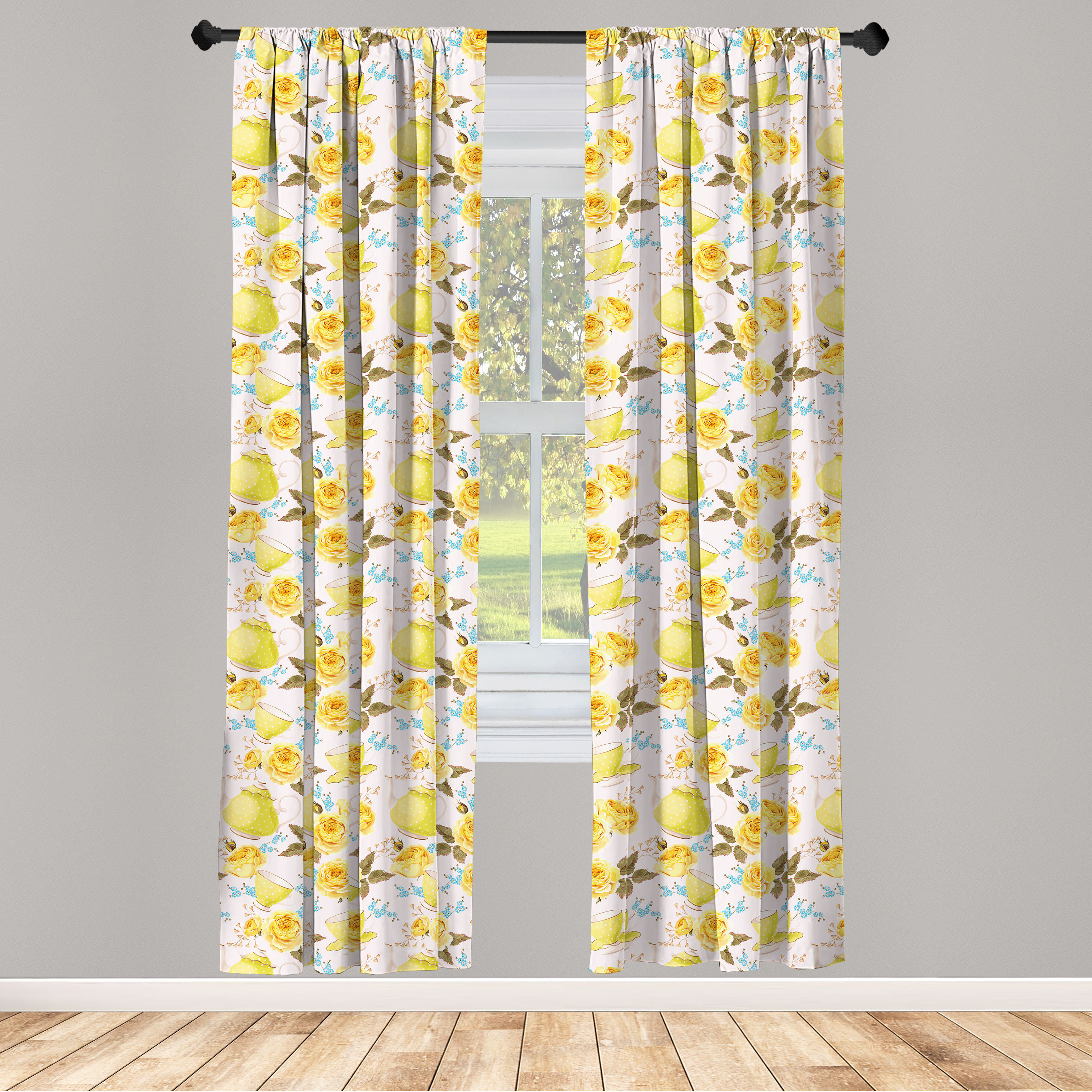 Ambesonne Kitchen 4-Panel Curtains, Tea Time Cups Flowers, Turquoise ...