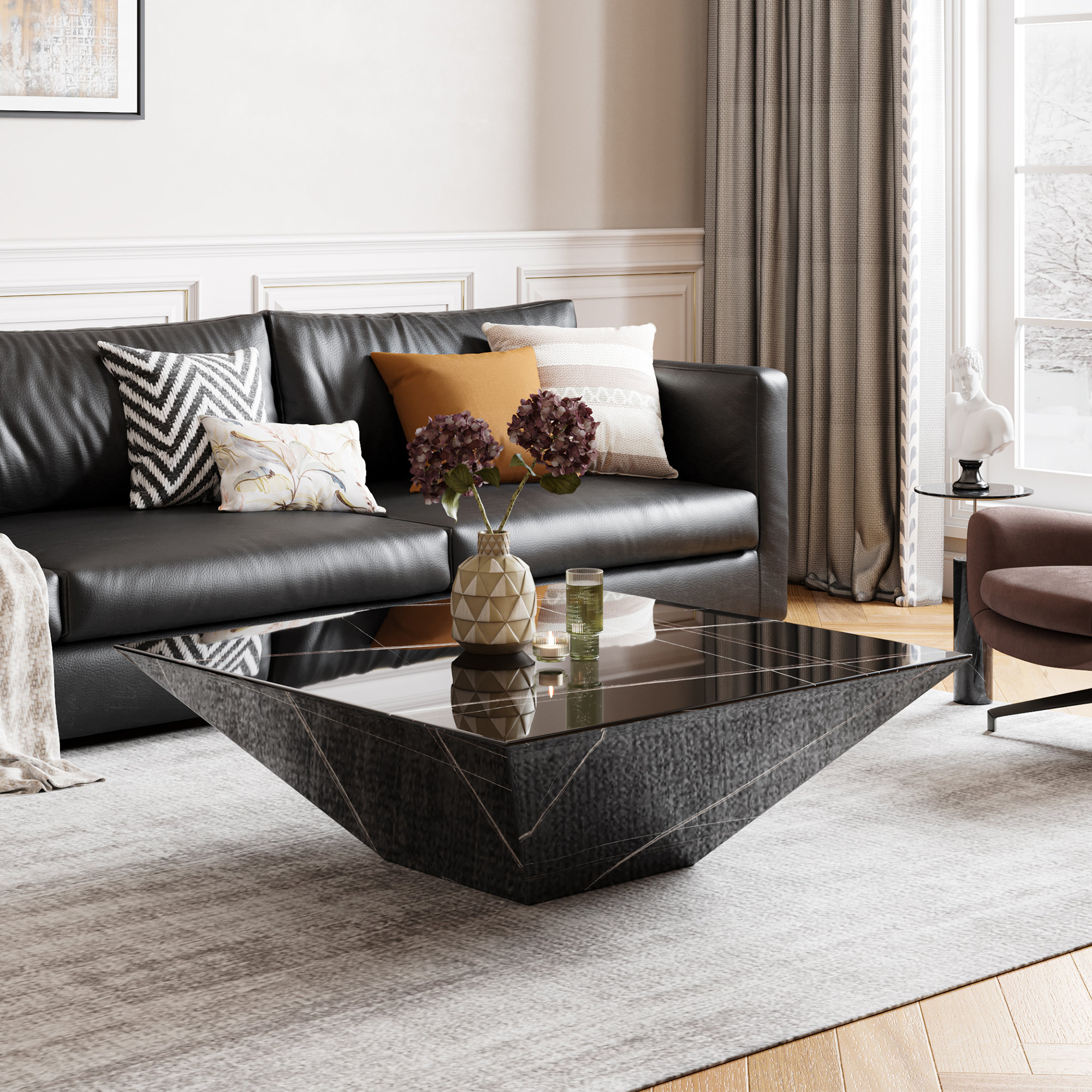 Brayden Studio® Dainera Modern Drum Coffee Table, Trapezoid Faux Marble ...