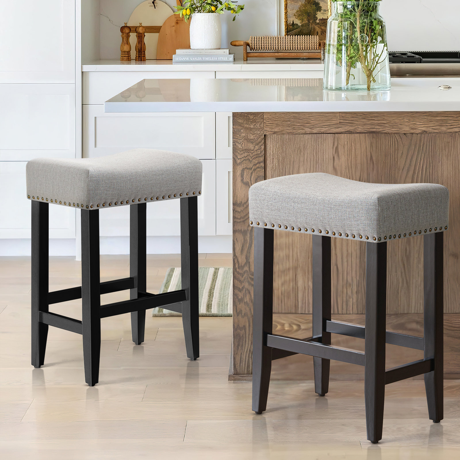 Winston Porter Backless Saddle Upholstered 26" Counter Stool with Wood ...