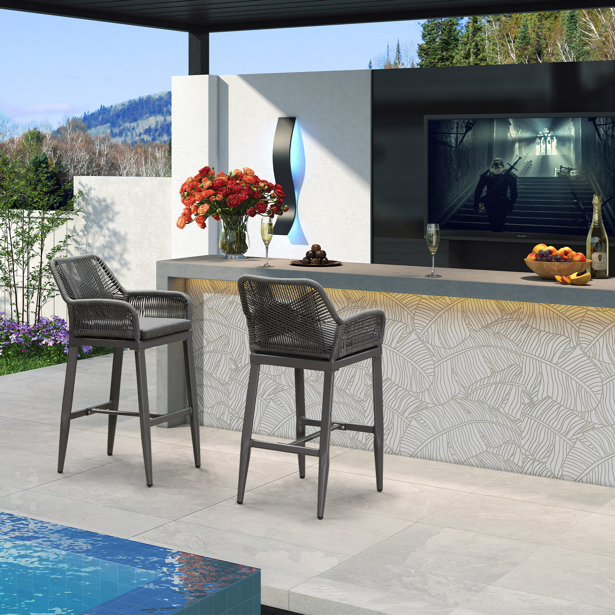 Bay Isle Home™ Alkinoi Outdoor 28.54'' Bar Stool with Cushion | Wayfair