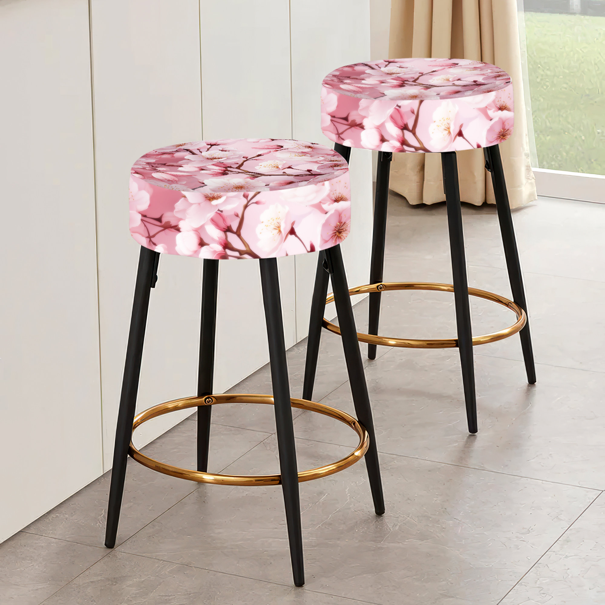 Design Art Pink Sakura Blossoms Floral I - Japanese Bar Stools Set Of 2 ...