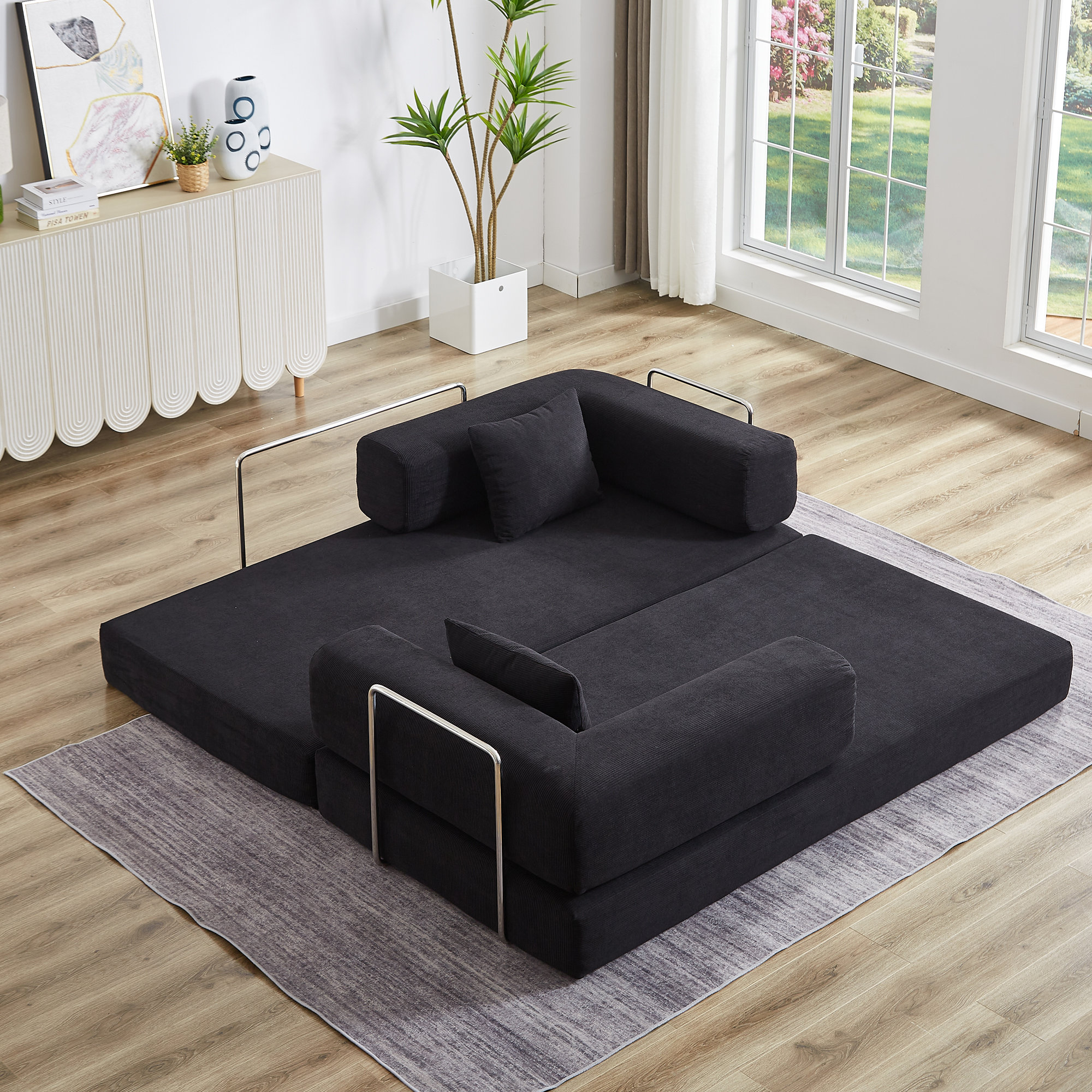 Ebern Designs Convertible Sleeper Sofa Bed With Cylindrical Pillow ...