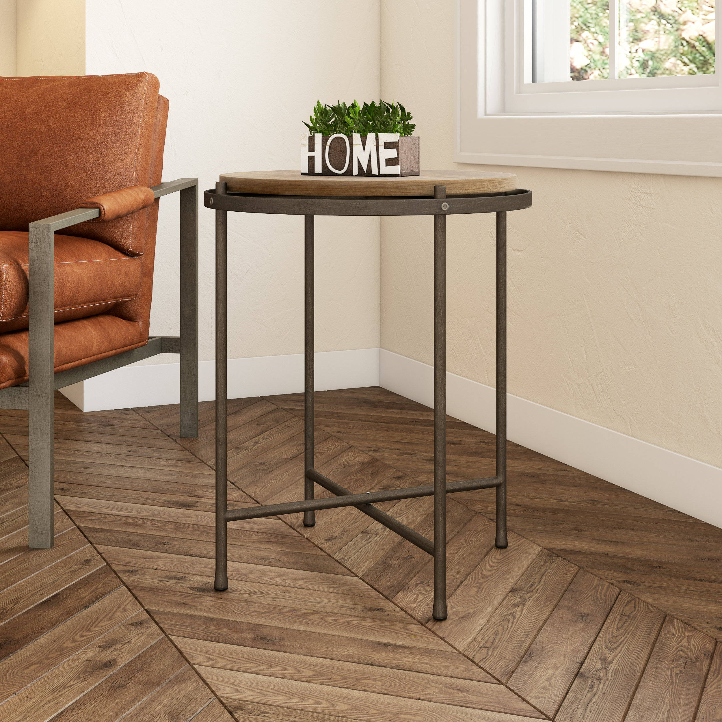 Williston Forge Patton Metal & Wood Round Industrial Accent Table ...