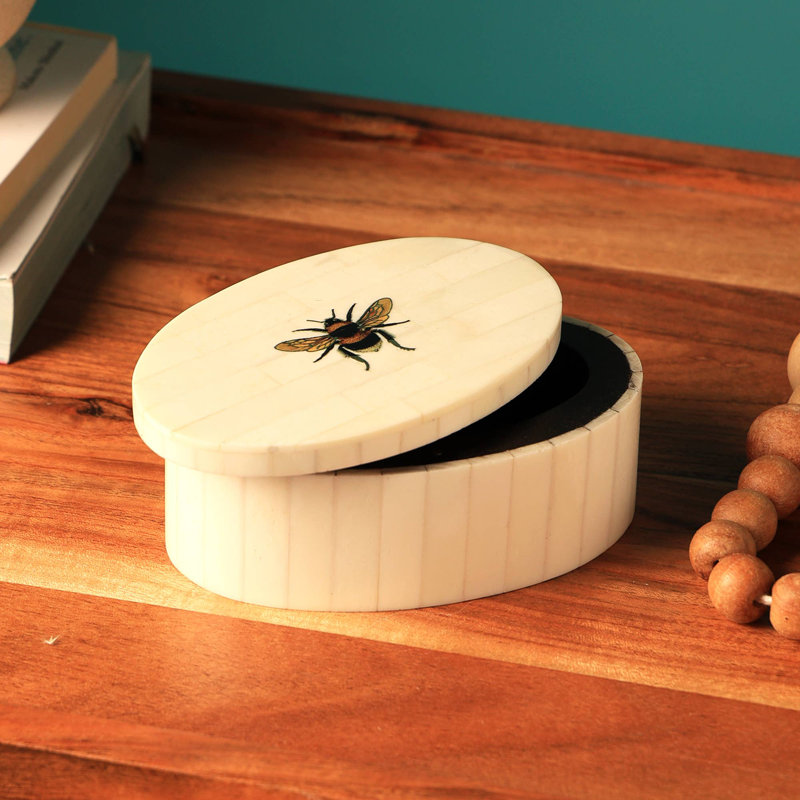 August Grove® Handcrafted Lillian Oval Bone Box with Bee Pattern | Wayfair