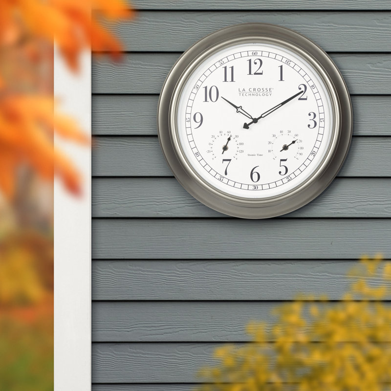 Winston Porter 18" Atomic Outdoor Analog Clock with Thermometer ...