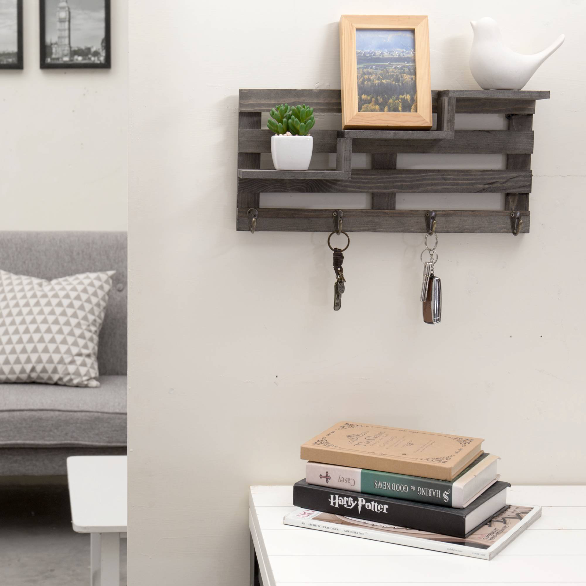 Gracie Oaks 3 Tier Wood Floating Shelf With Hooks | Wayfair