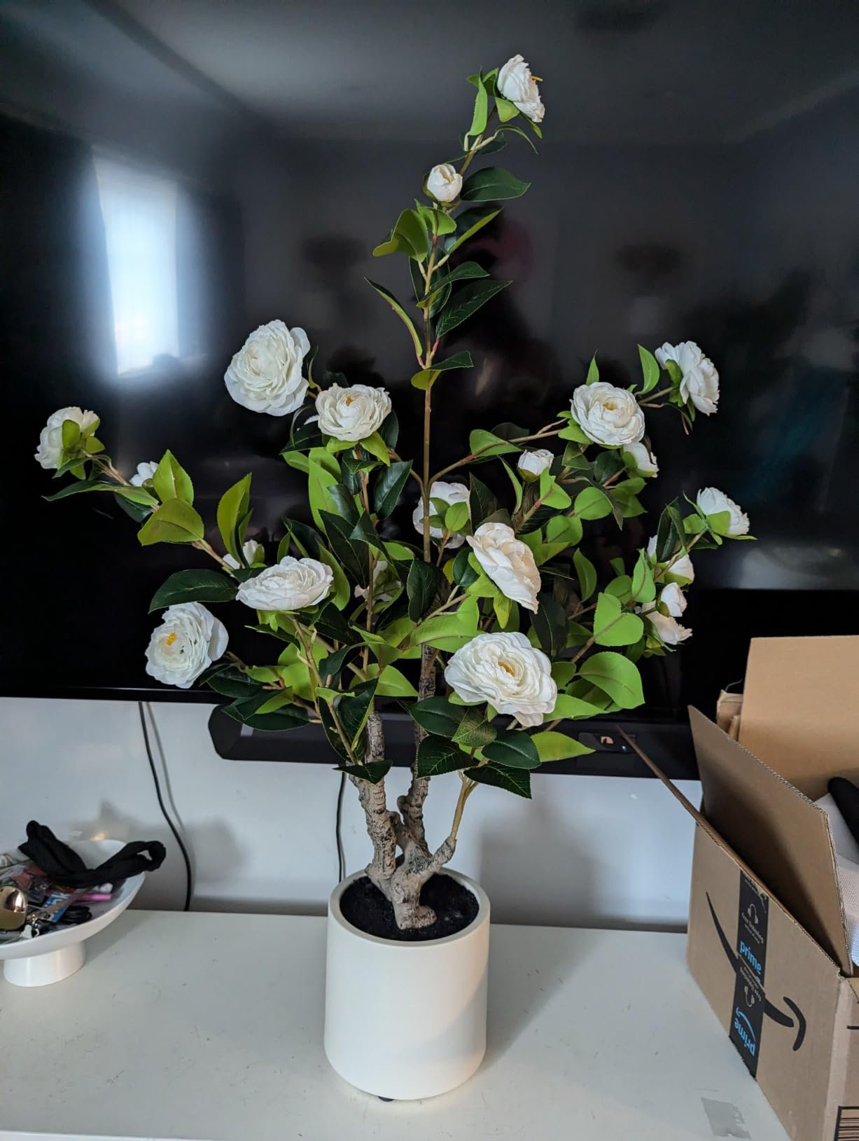 Primrue 2 Pack White Fake Tree,4 Ft Artificial Camellia Tree With White ...