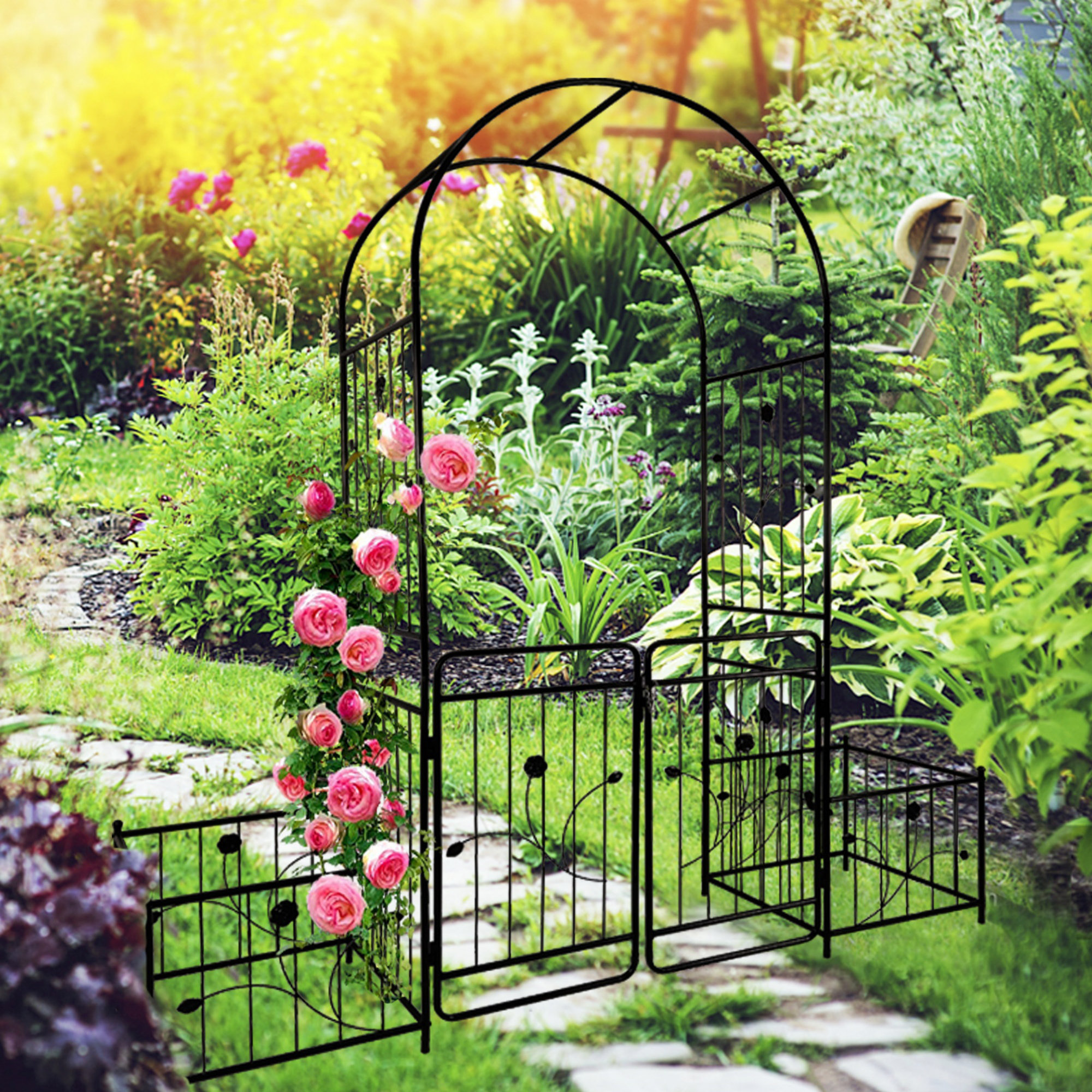 Winston Porter Metal Garden Arch With Gate 79.5'' Wide X 86.6'' High ...