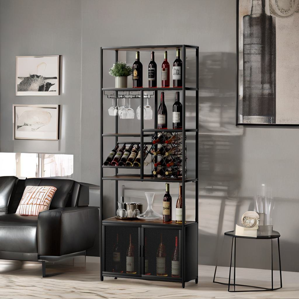 17 Stories Feldstein Floor Wine Bottle & Glass Rack Black | Wayfair