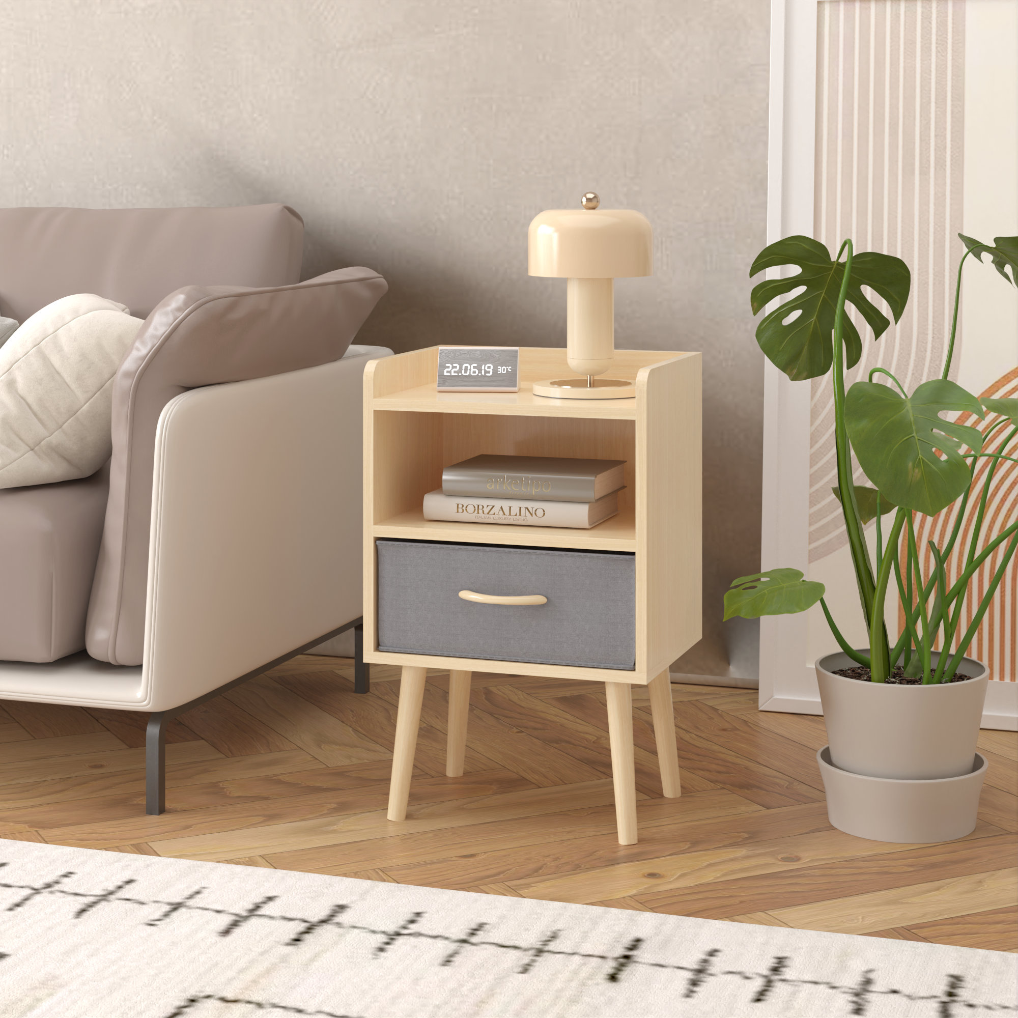 Dakota Fields Cole Wood Nightstands with Fabric Drawer & Open Shelf ...