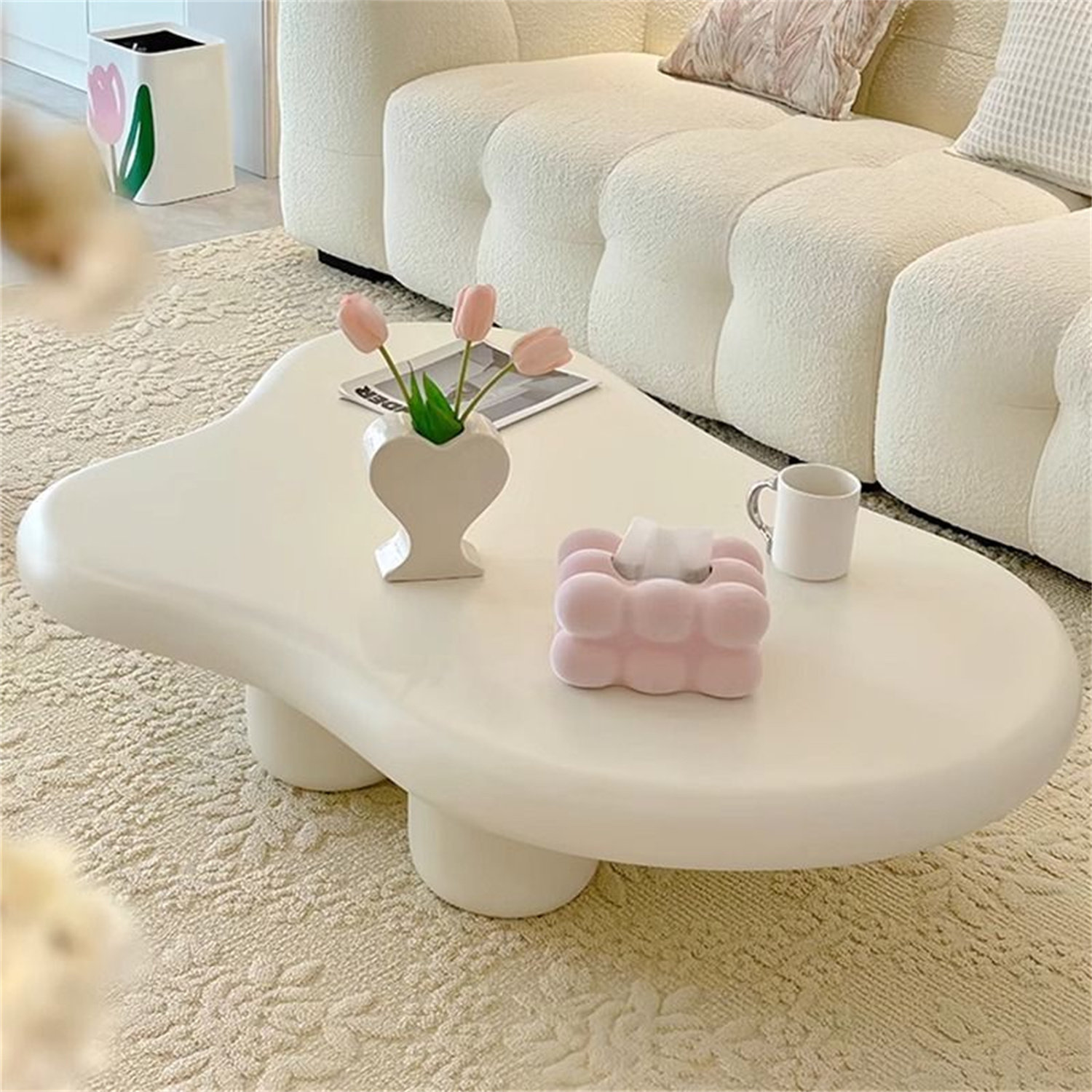 Ivy Bronx Minimalist Cream Color Cloud Coffee Table - Unique Curved ...
