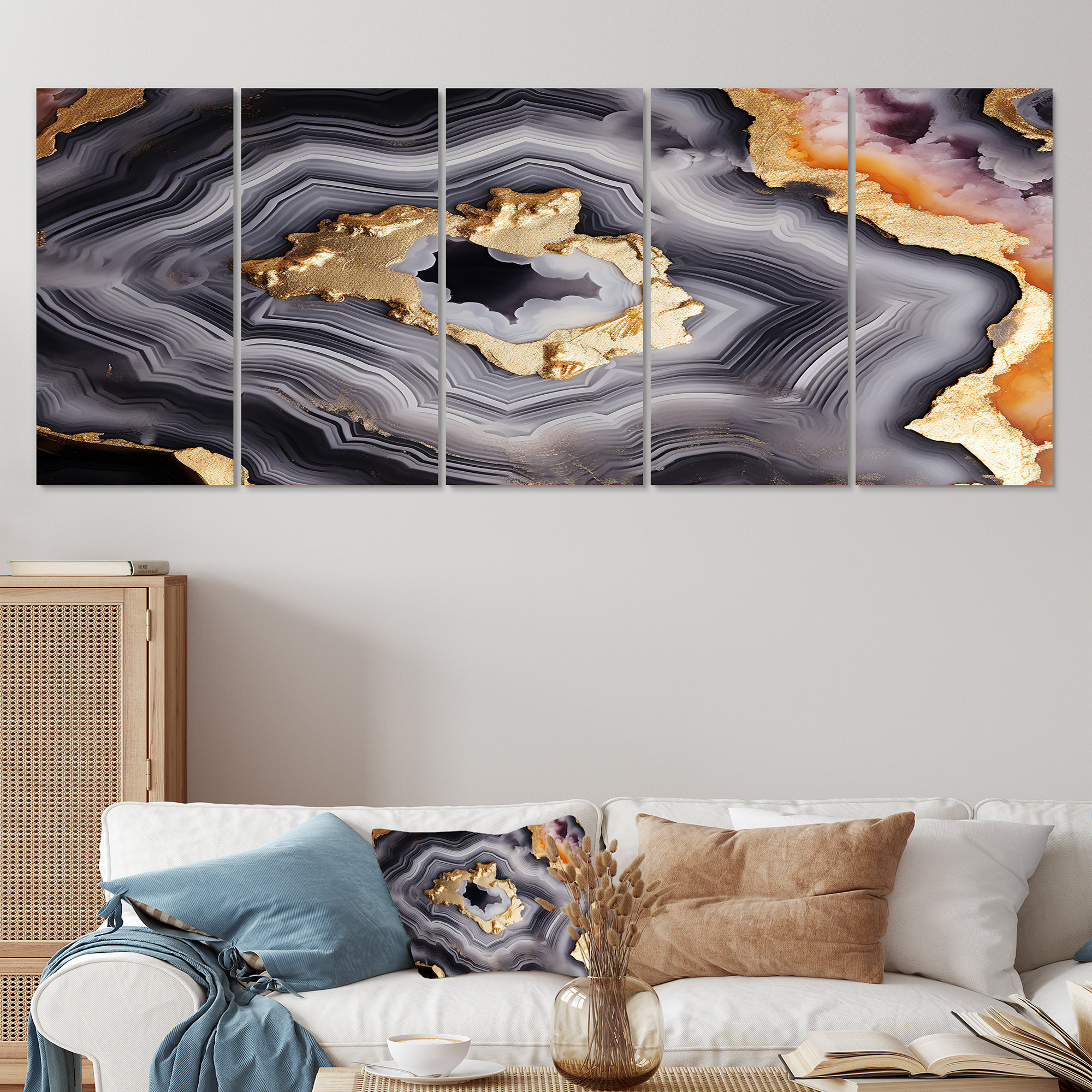 Design Art Opulent Glam Agate Black Gold I - Marble Wall Art 5 Piece ...