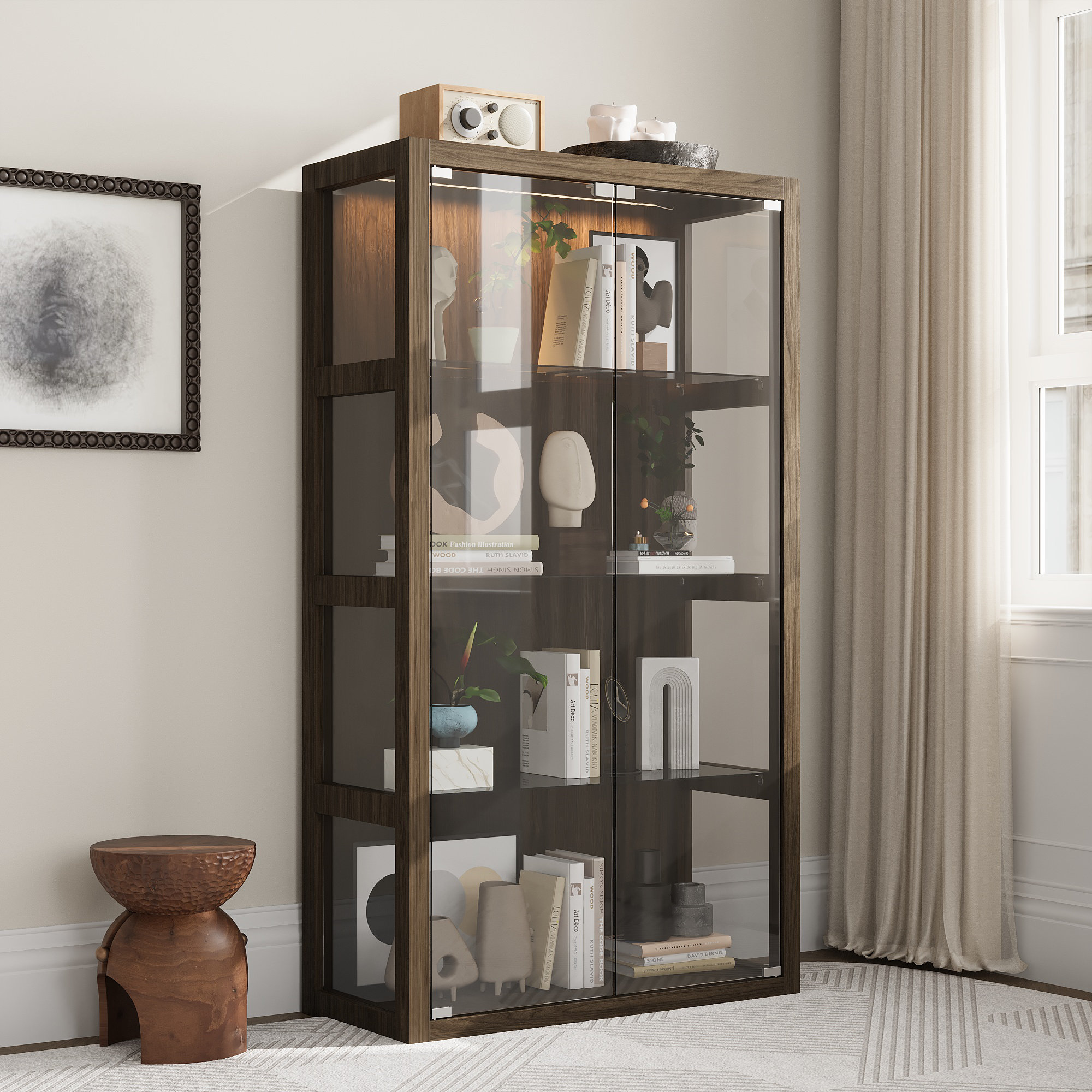 Winston Porter Display Cabinet With Tempered Glass Door And Adjustable ...