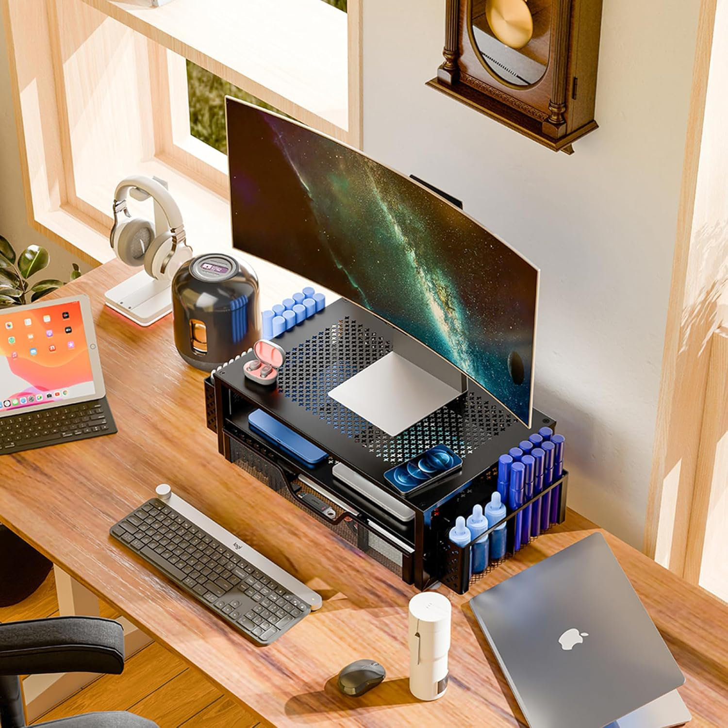 Inbox Zero 2 Tier Metal Monitor Stand With Drawer And Pen Holder,Black ...