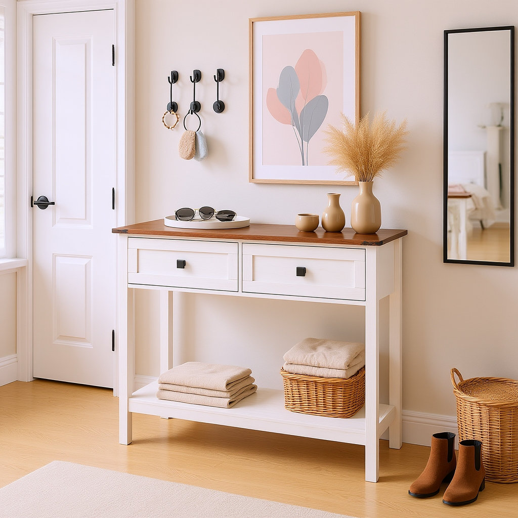 Winston Porter Farmhouse Console Table with 2 Drawers and Bottom Shelf ...