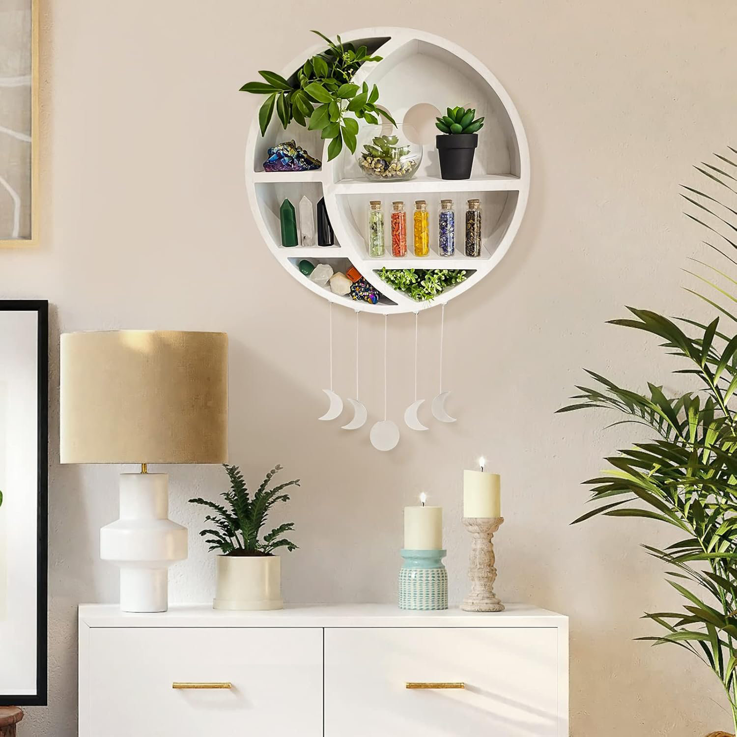 Latitude Run® Wooden Moon Shelf For Crystals Crescent Moon Crystal ...