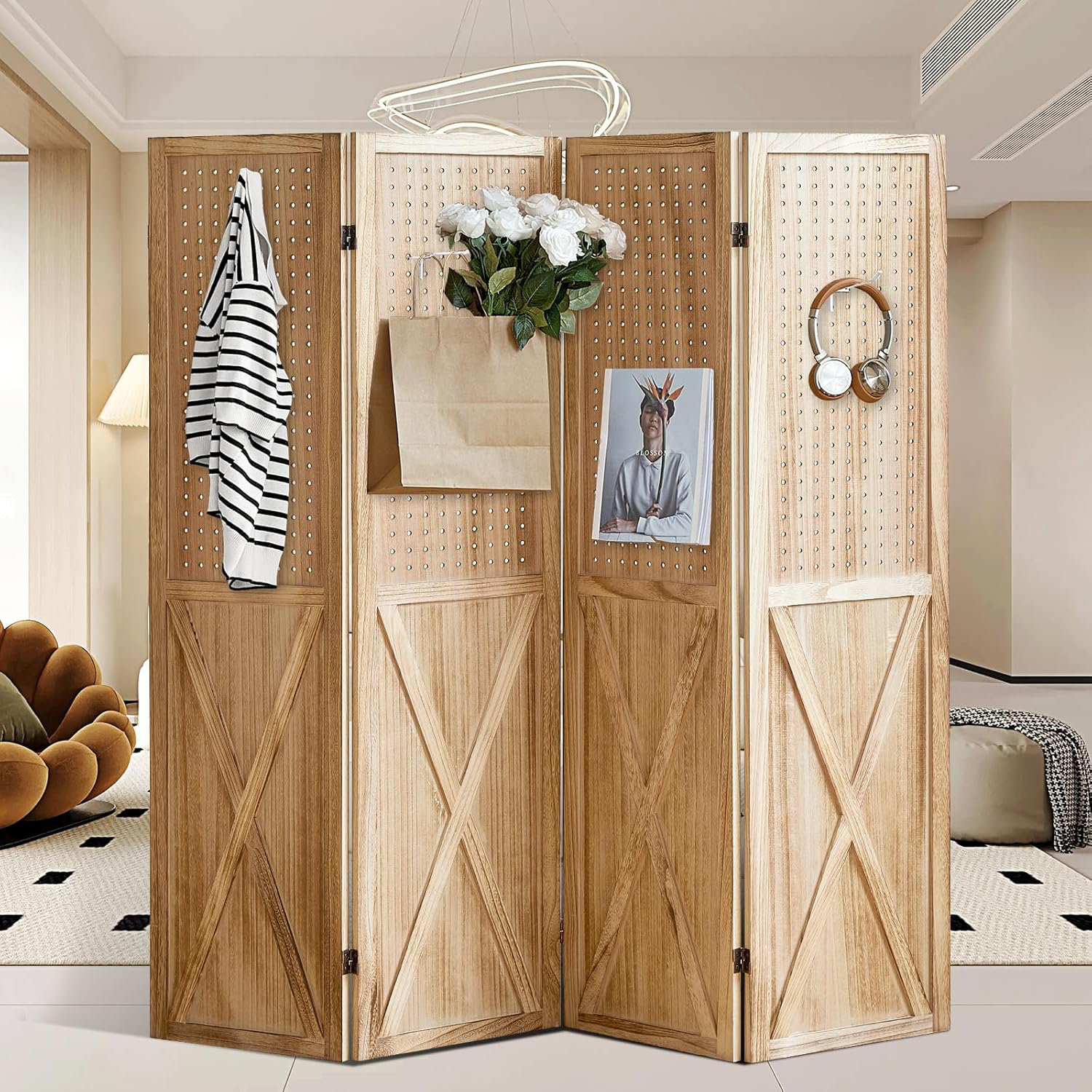 Gracie Oaks 4 Panel Pegboard Display Wooden Room Divider Panel Room ...