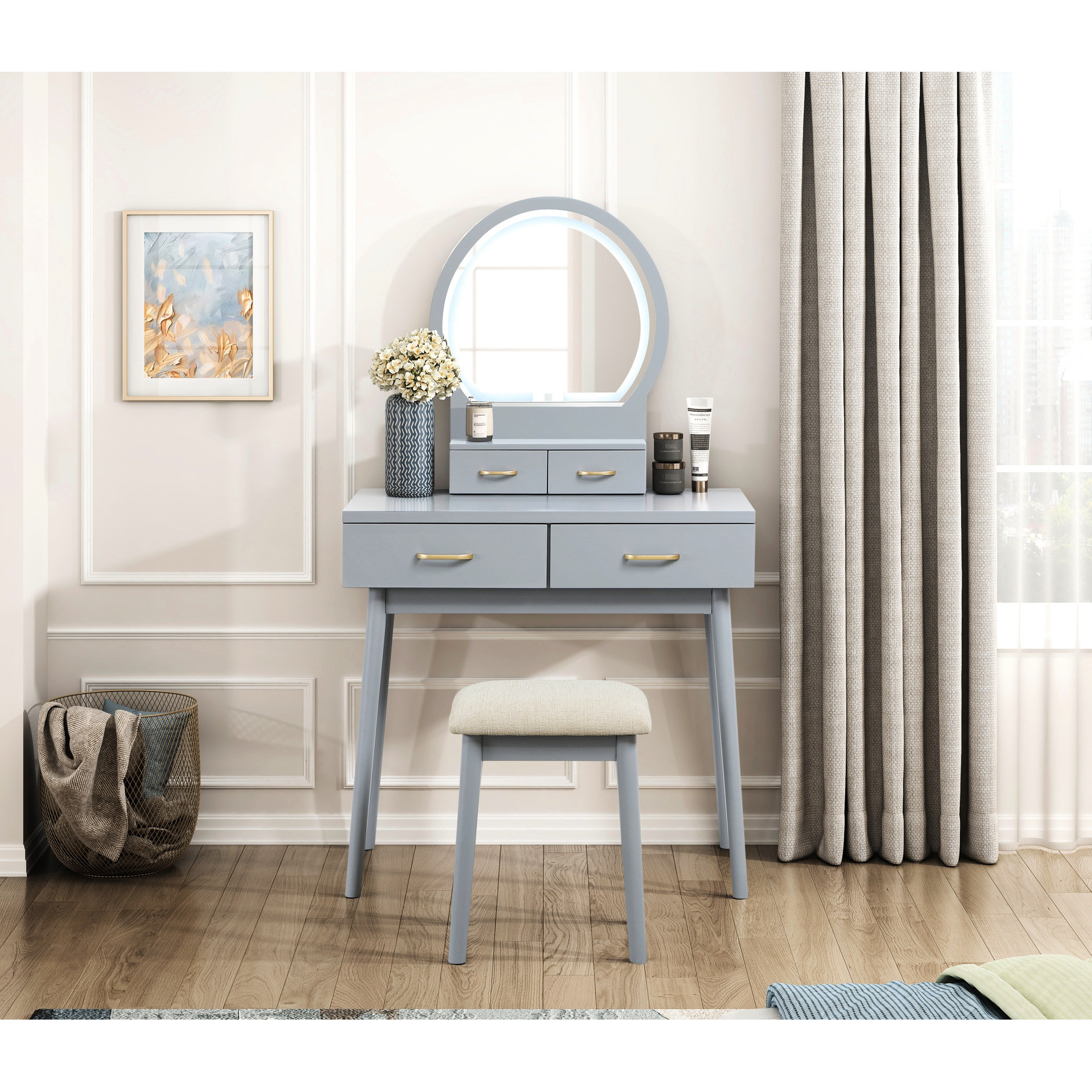 Brayden Studio Sleek Vanity With Black Finish, 4 Drawers, Led Mirror ...