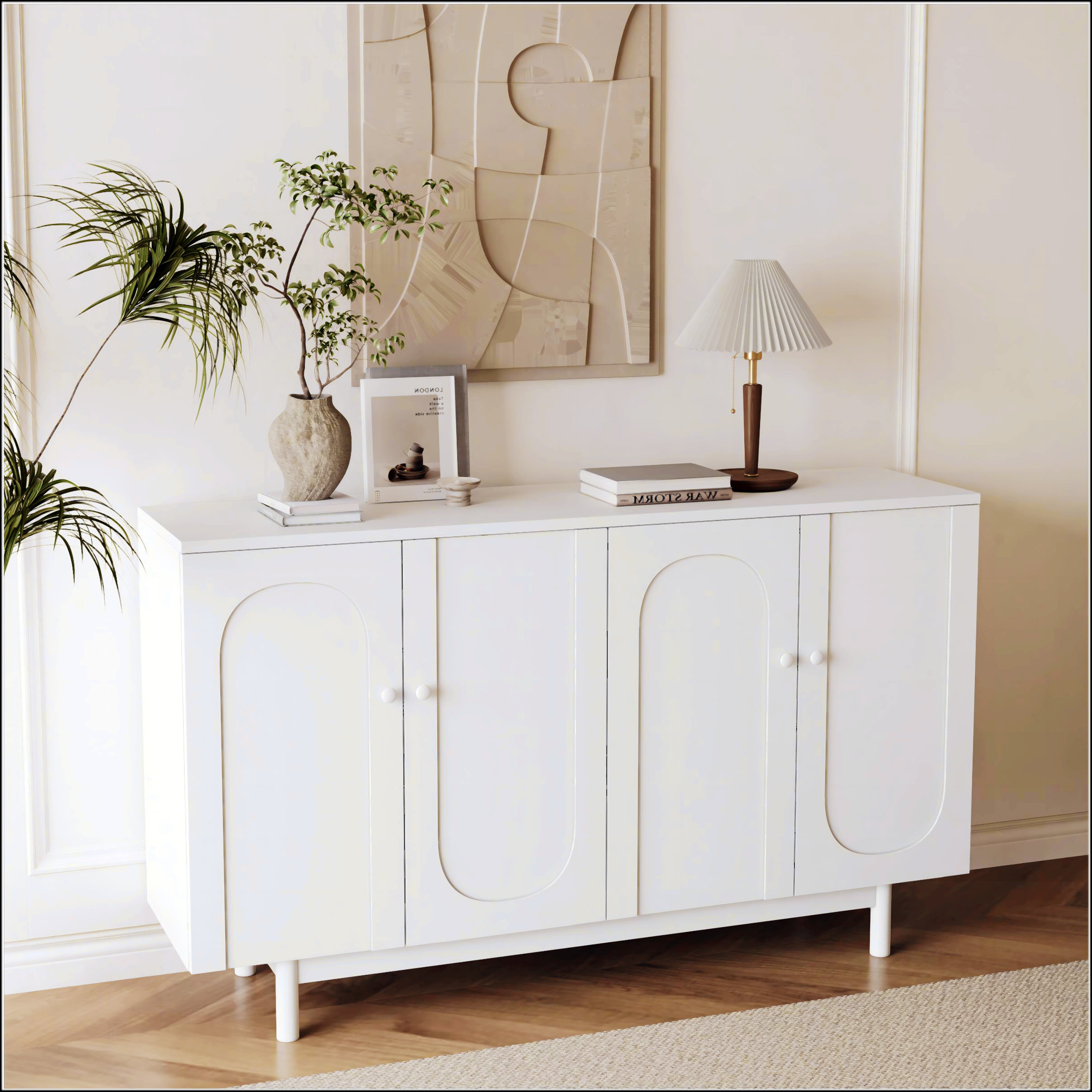 Latitude Run® Stylish And Functional 4-Door Intaglio Storage Cabinet With Pine Legs | Wayfair