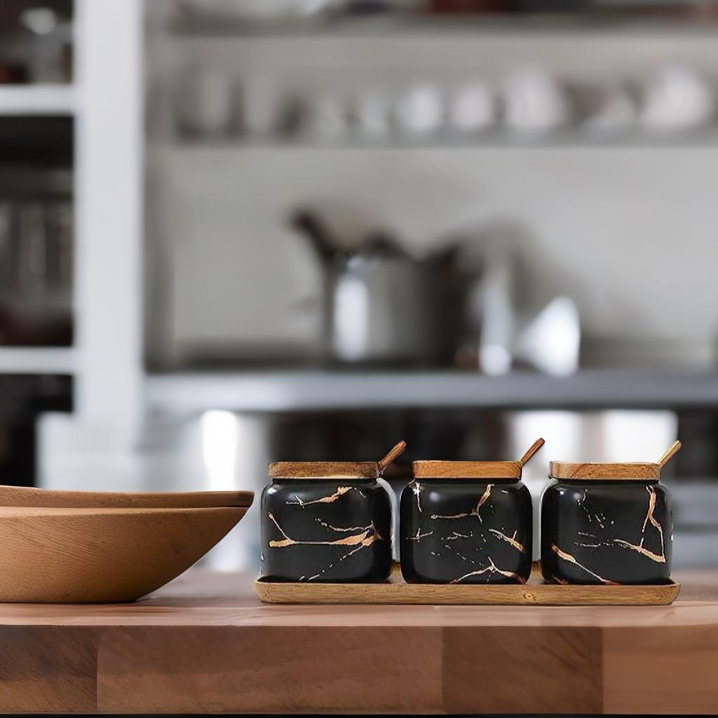 Ruya company 3pcs Ceramic Spice Jars Porcelain Condiment Jars Set For ...