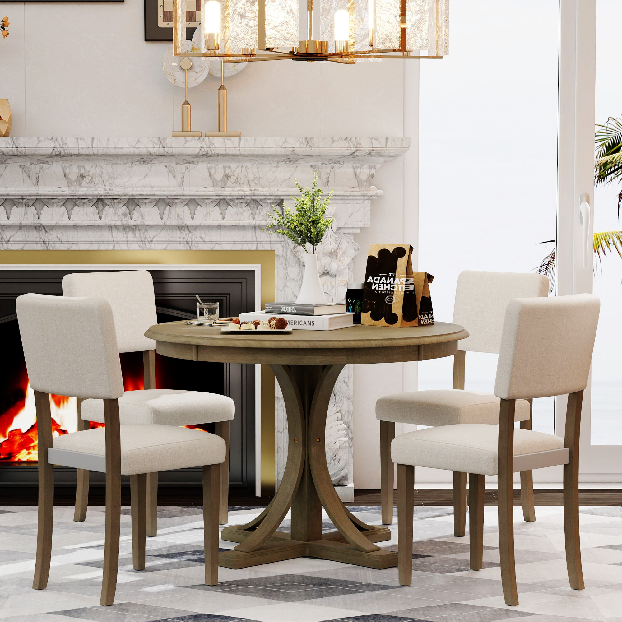 Lark Manor 5-Piece Retro Round Dining Table Set With Curved Trestle ...