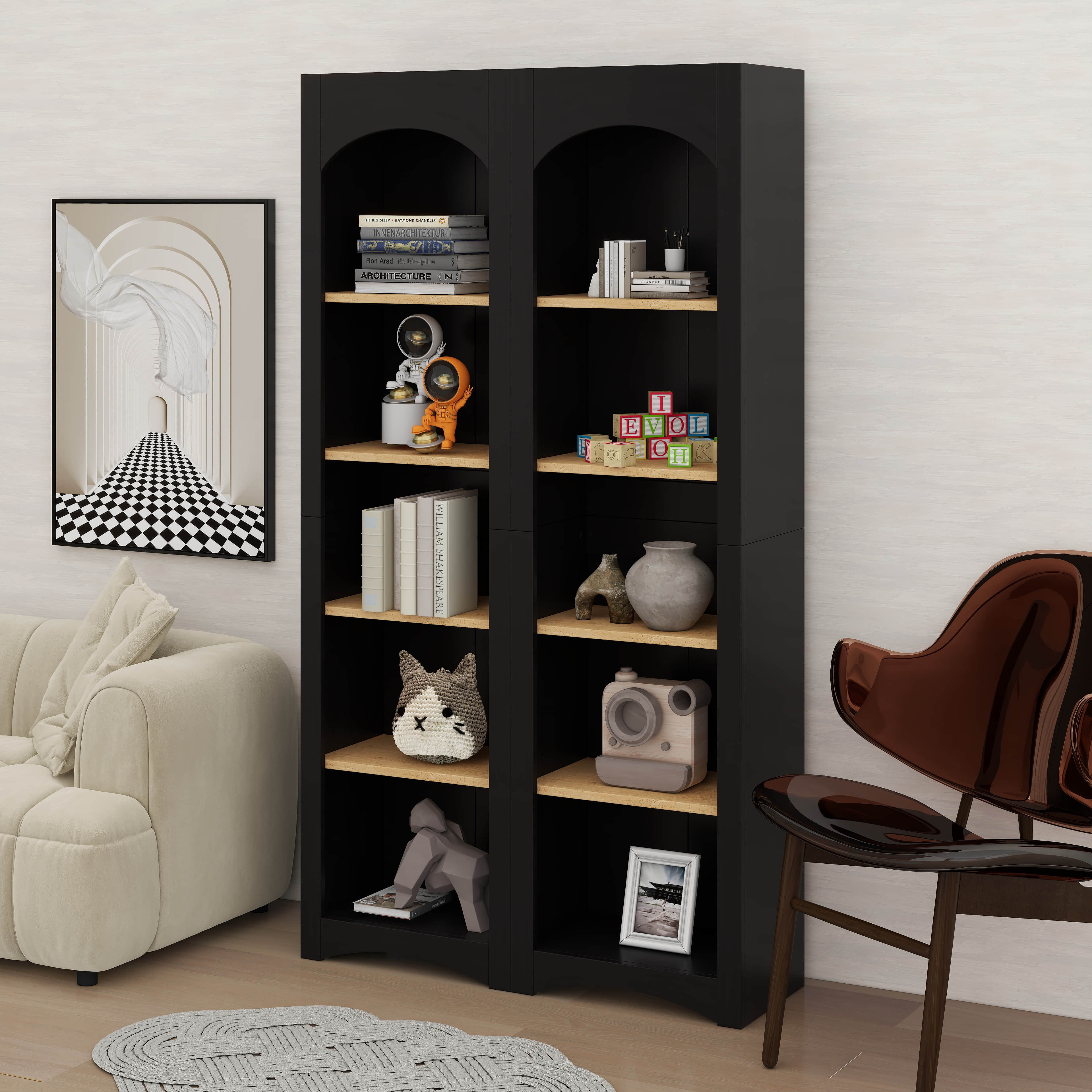 QSG Modern Wood 5 Tier Bookshelves, Bookcases Set Of 2, Farmhouse Two ...