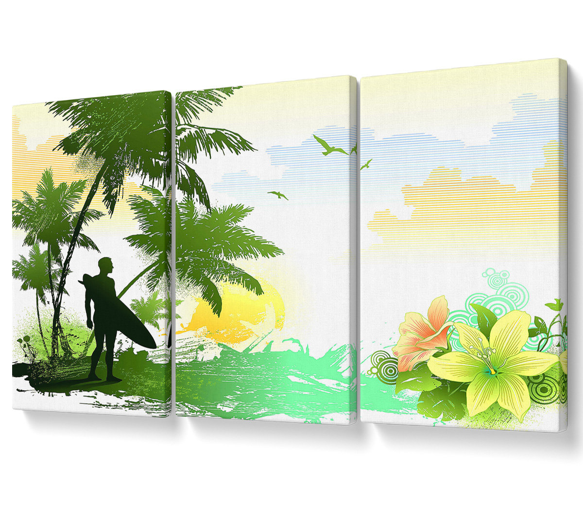 17 Stories Surfer Flowers - 3 Piece Wrapped Canvas Graphic Art ...