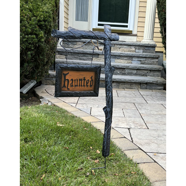 The Holiday Aisle® 37" Metal Halloween Haunted Sign Post Stake | Wayfair
