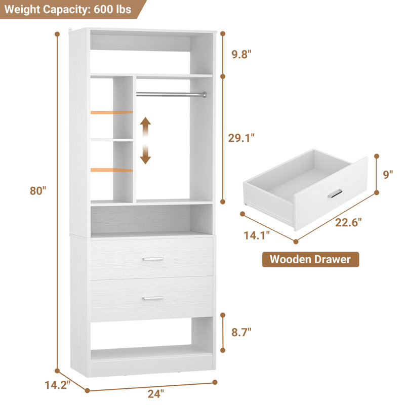 Latitude Run® Freestanding Small 24" Closet System With 2 Wood Drawers ...