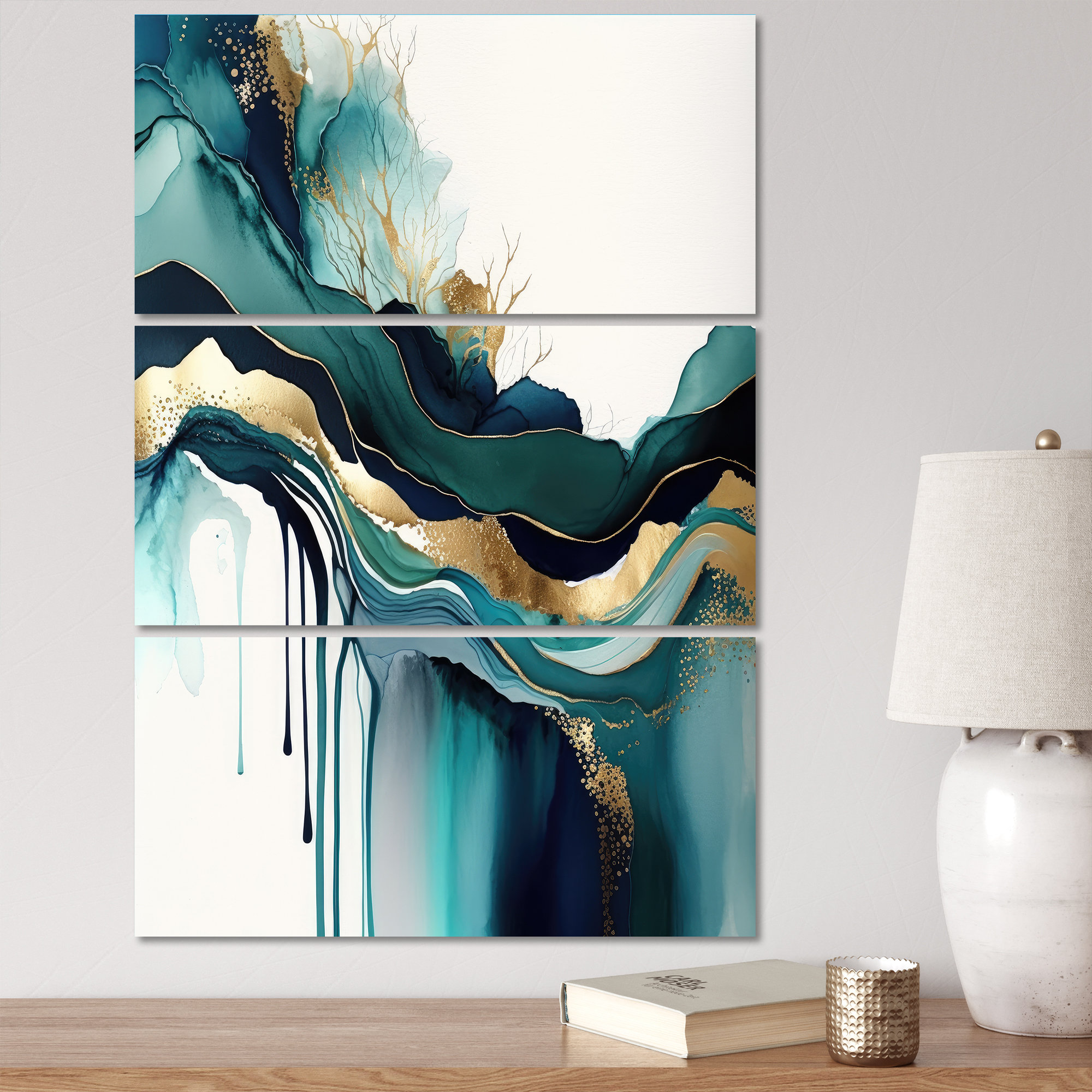 Orren Ellis " Teal And Gold Abstract Expression IV " 3 - Pieces ...