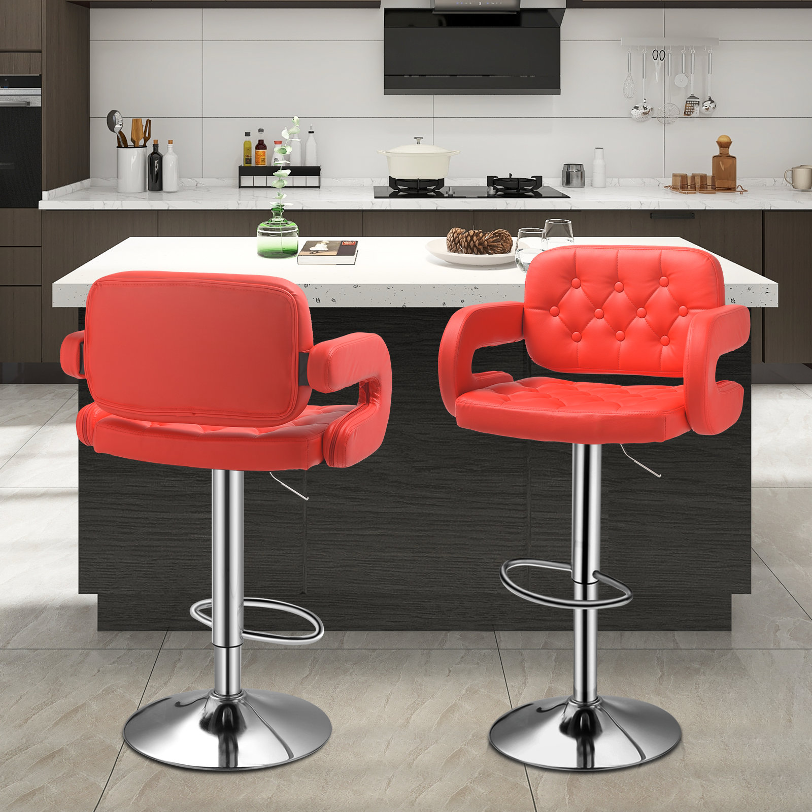 Ivy Bronx 360° Swivel Bar Stools, Counter Height Faux Leather Chairs ...