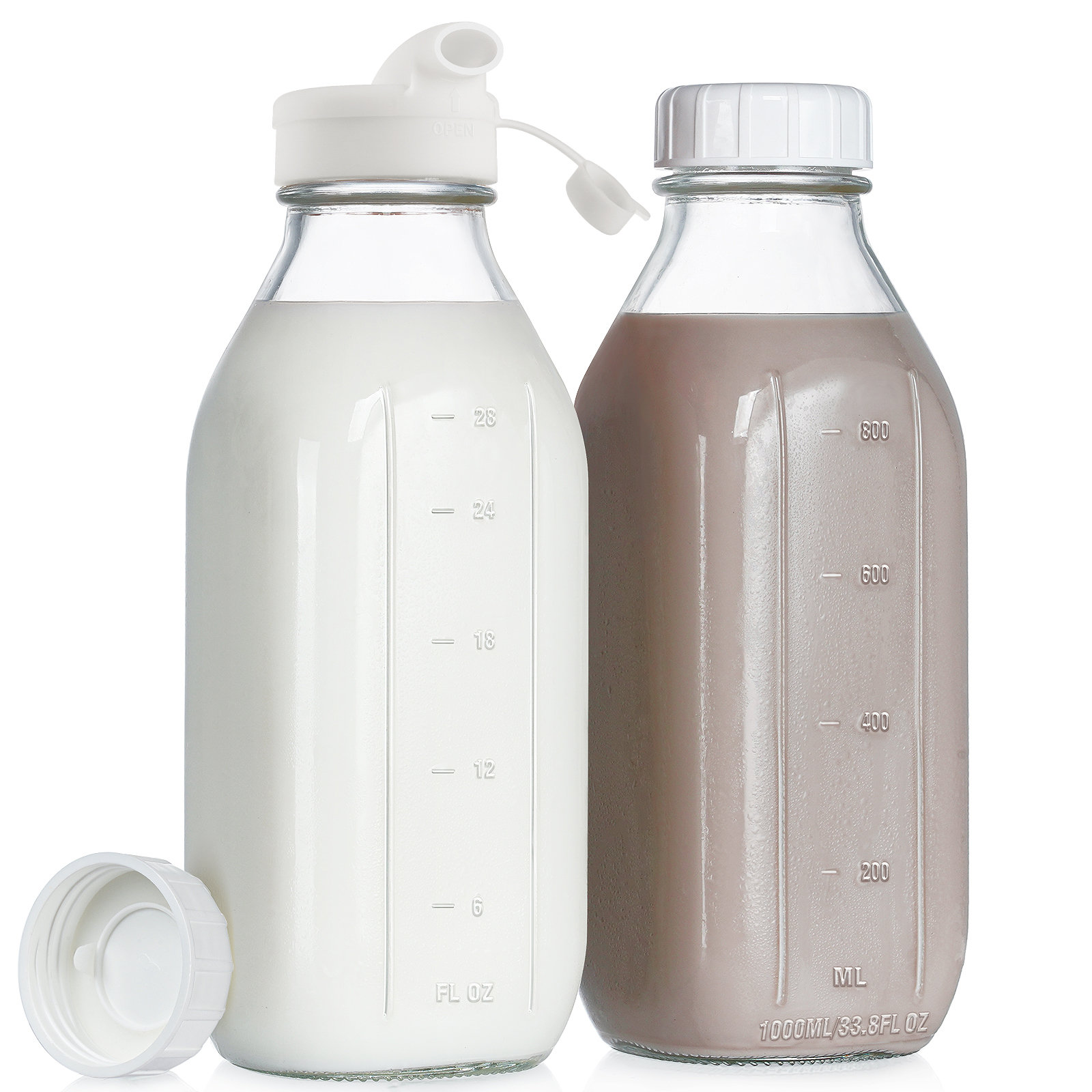 syntic 2 Qty 32oz Reusable Glass Jars Milk Bottle With Lid and Pour ...
