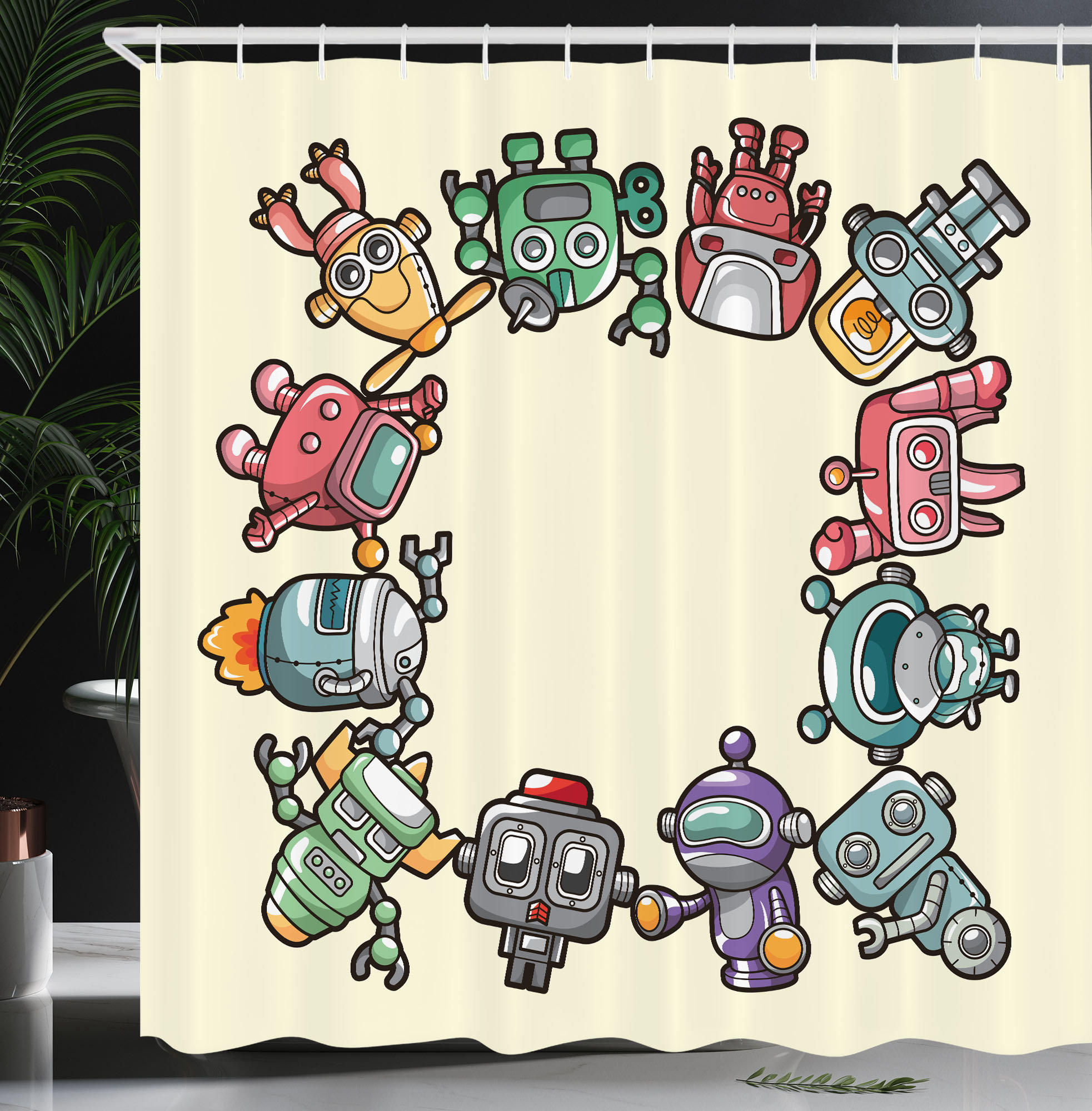 East Urban Home Party Shower Curtain Friendly Robots Multicolor | Wayfair