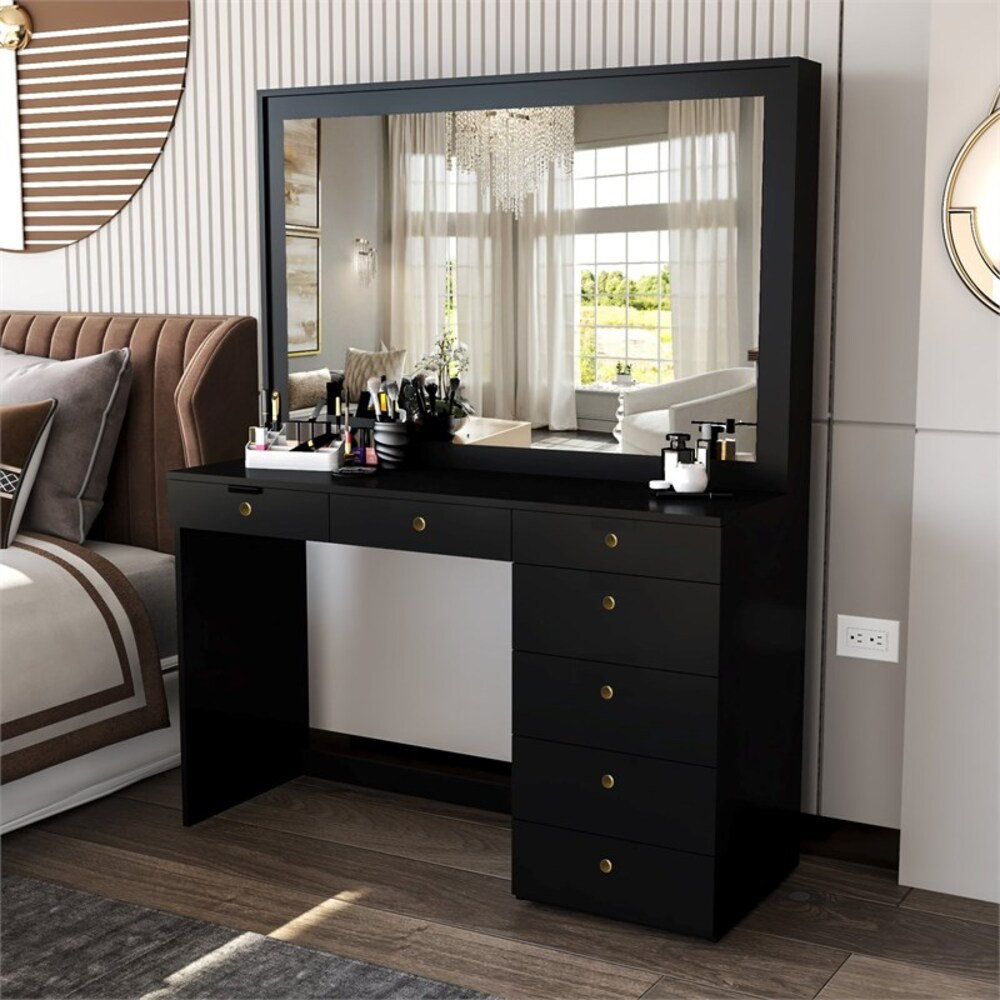 Boahaus LLC Grande coiffeuse moderne avec grand miroir, 7 tiroirs et ...